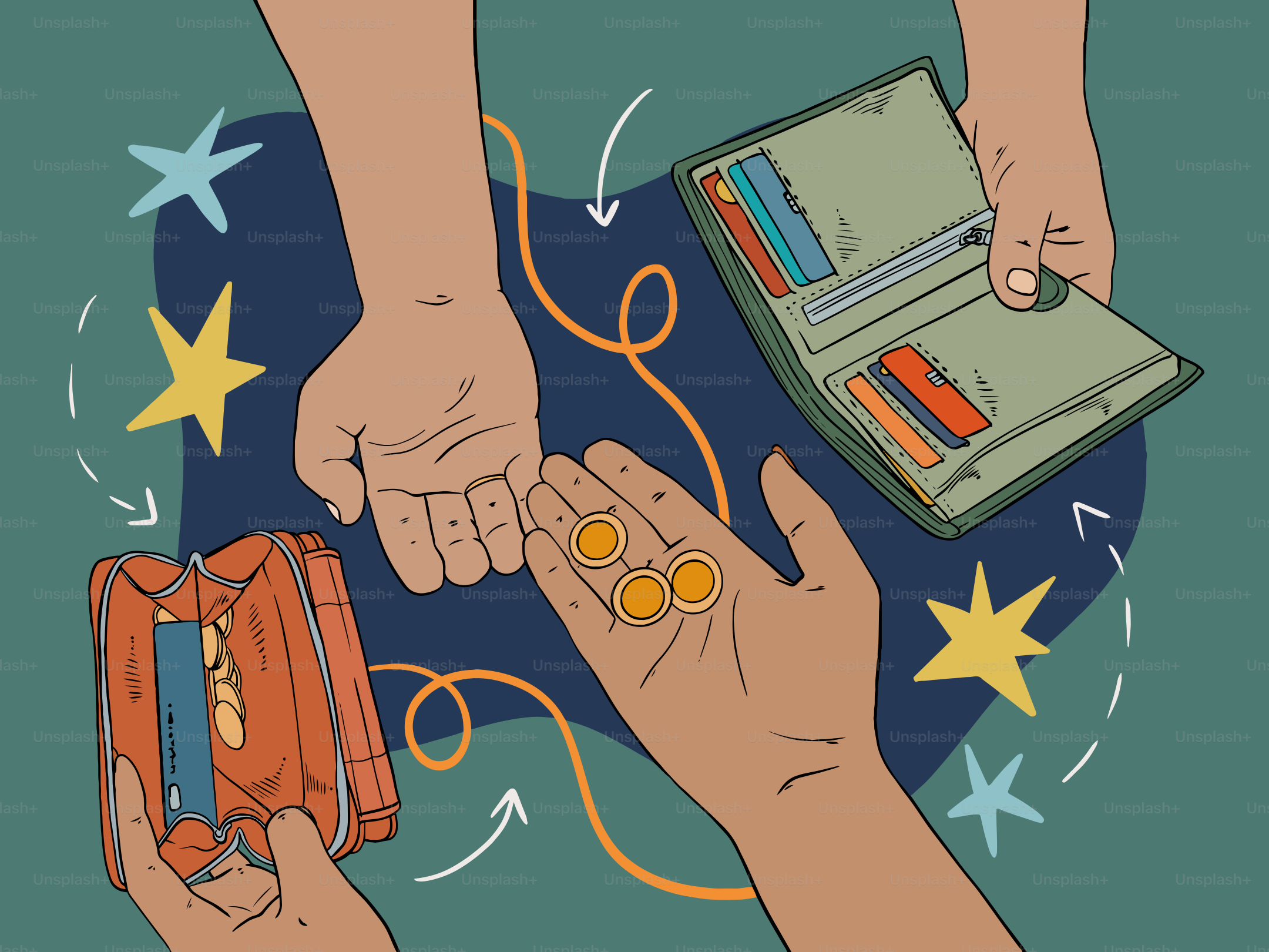 Hands exchanging a small orange object with a book. vector – Money ...