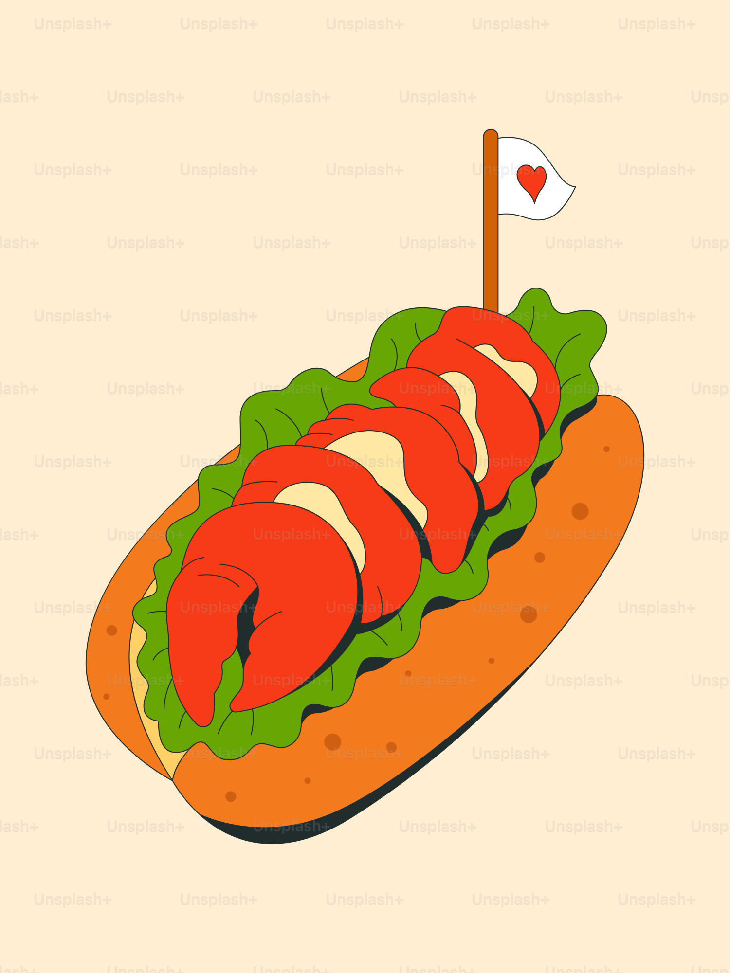 Vektor Lobster roll dengan selada dan bendera hati – Gambar Makanan di ...