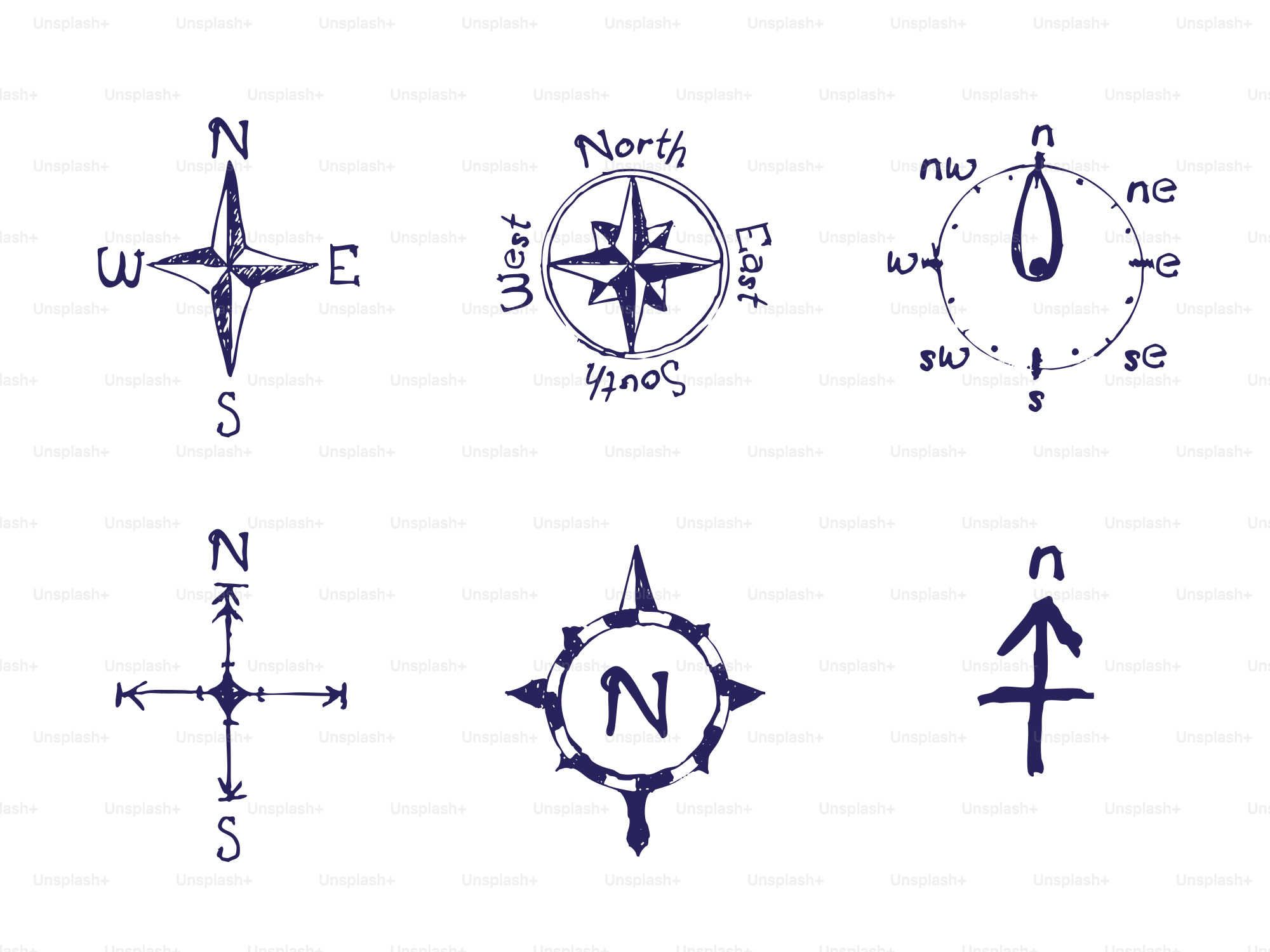 Six different compass rose designs on white background vector ...