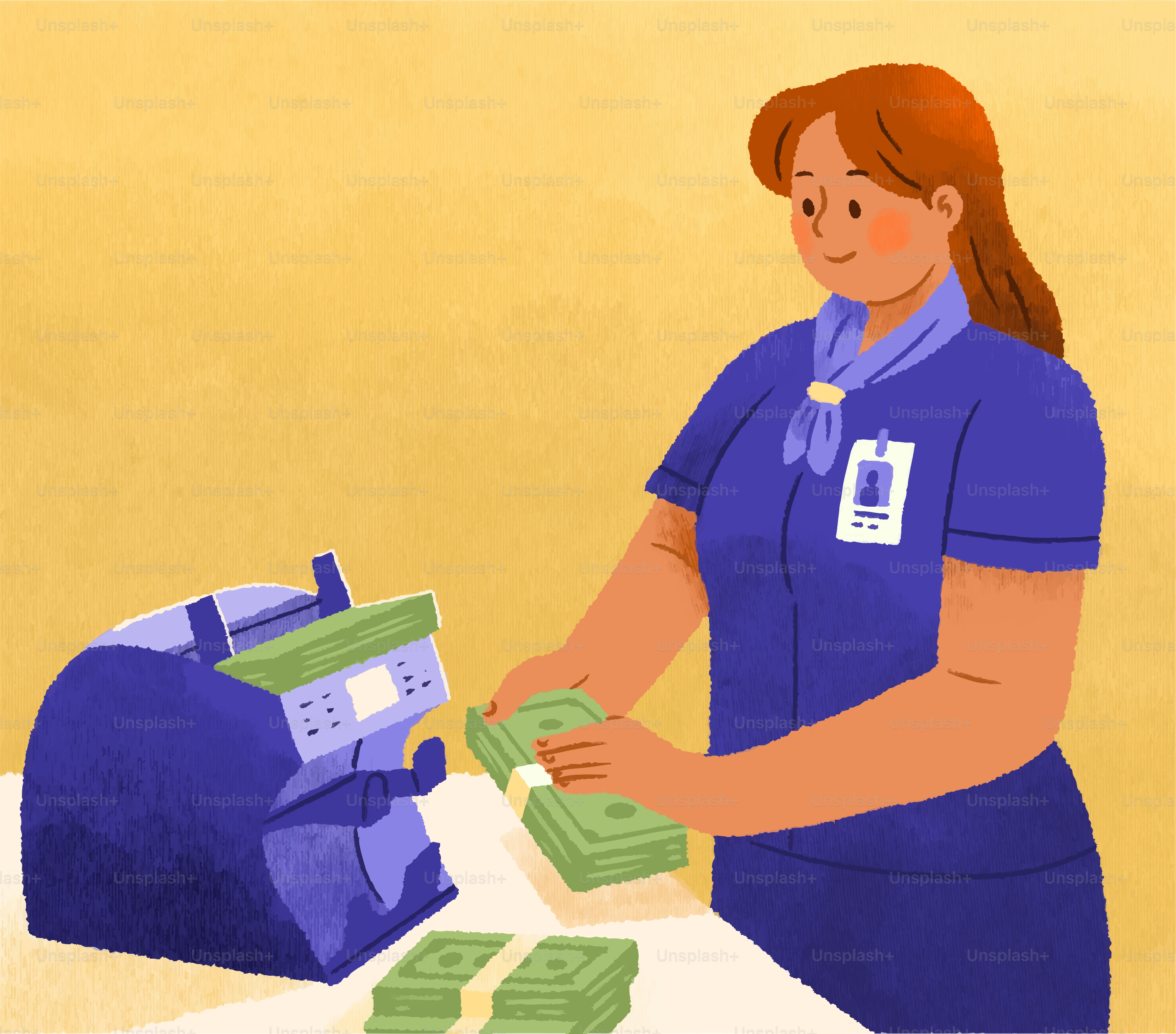 A woman counts money with a money counting machine. vector – Money ...
