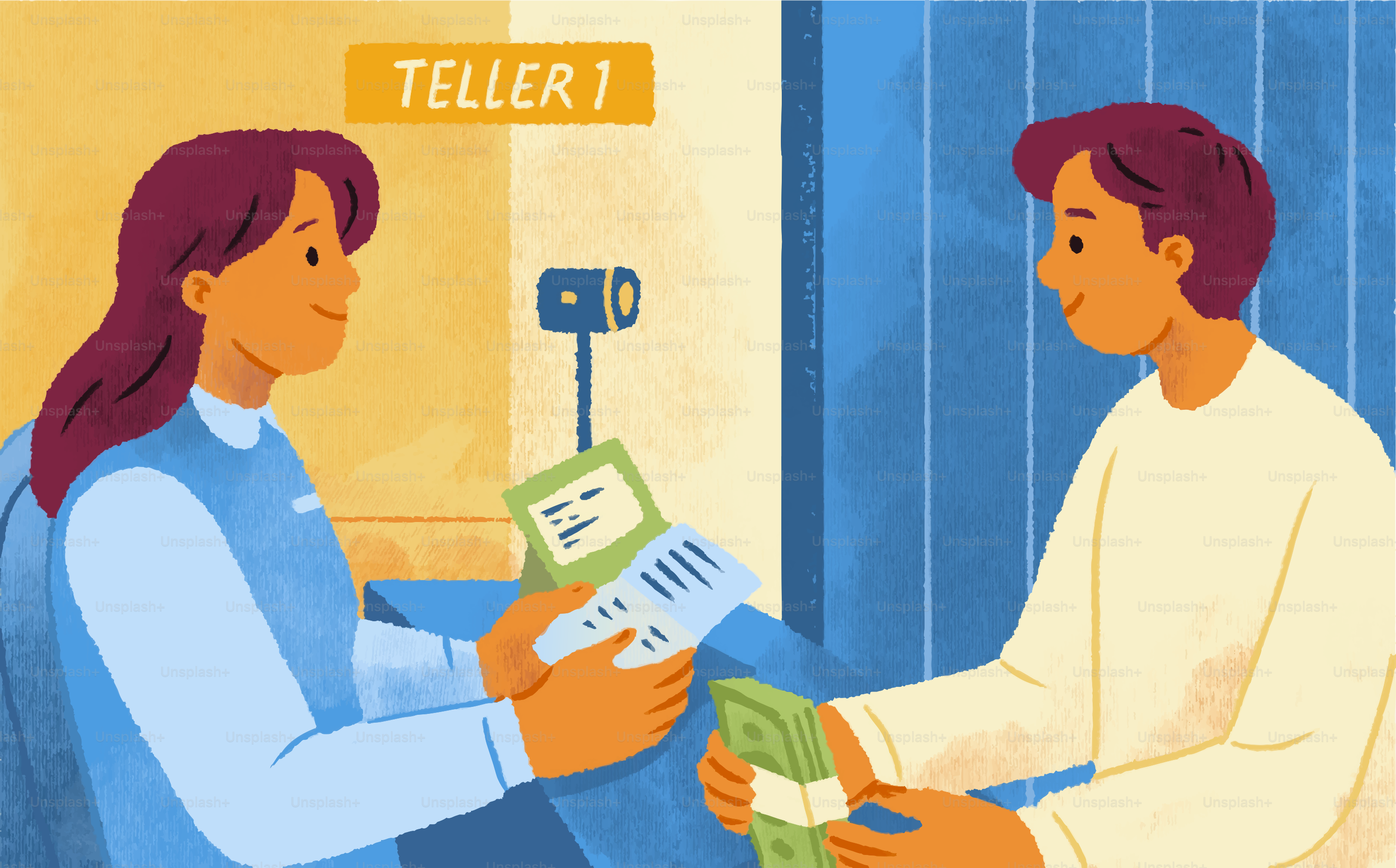 Teller and customer exchanging money at bank counter. vector – Money ...