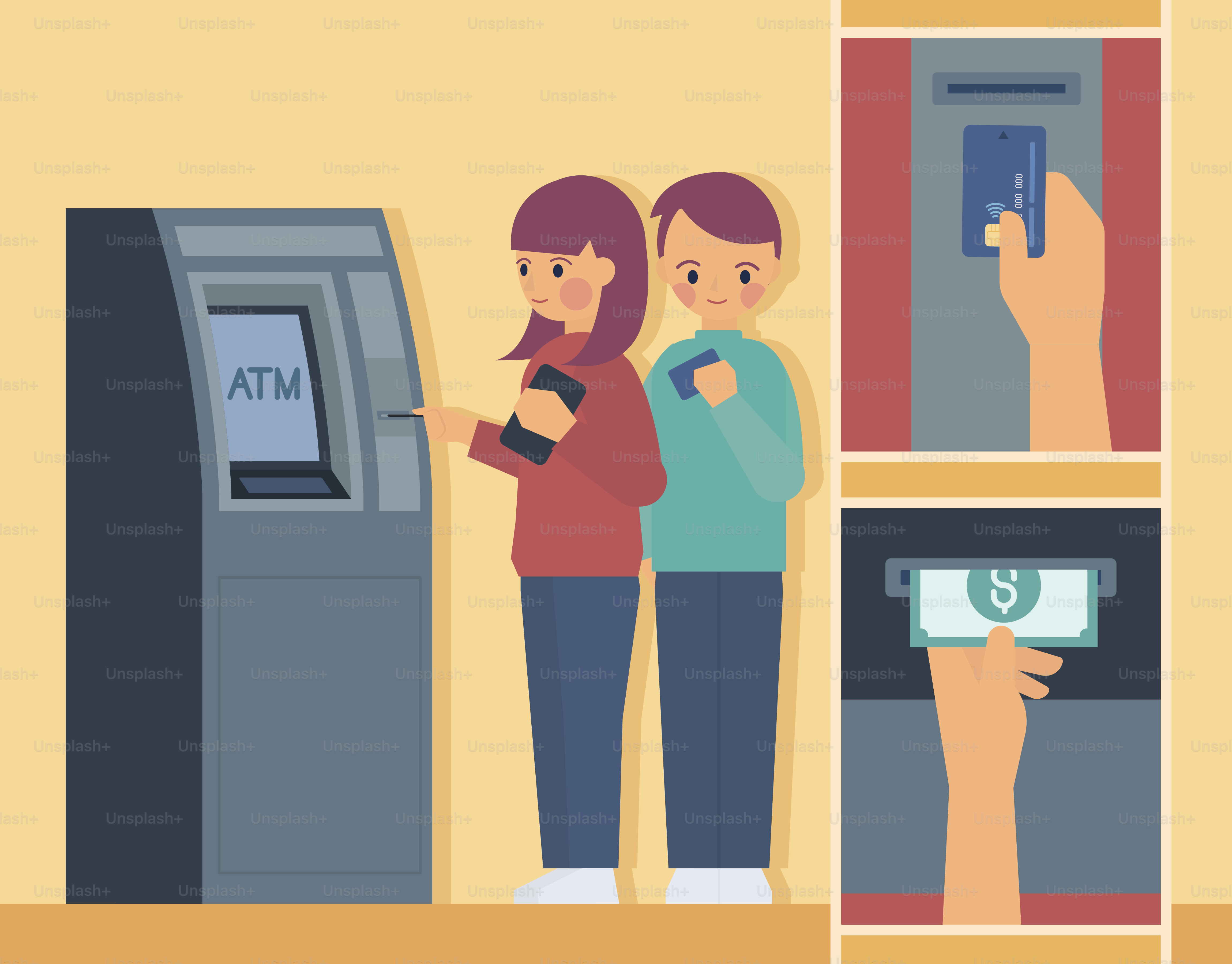 Vektor Orang yang menggunakan atm untuk menarik uang – Gambar Uang di ...