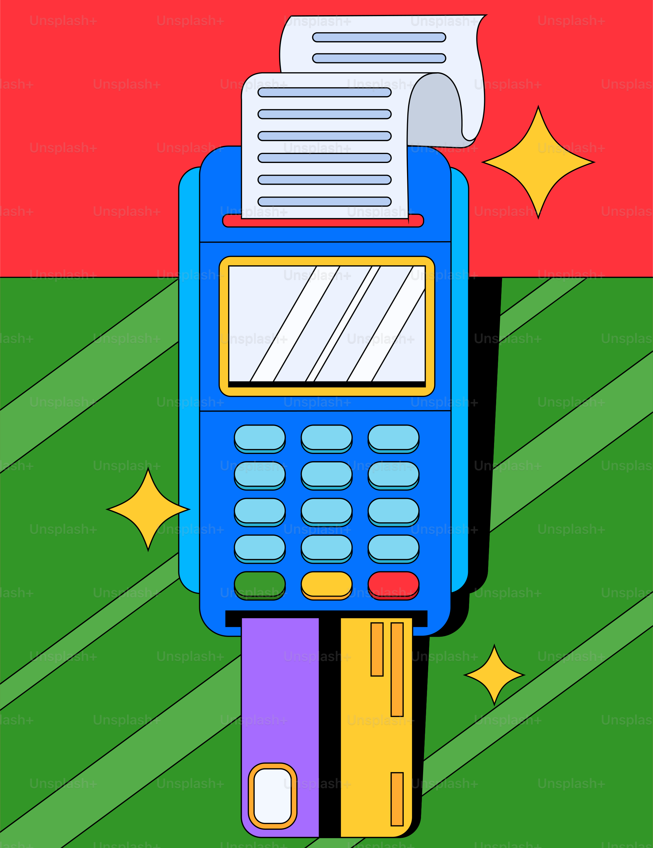 Blue credit card machine with receipt and receipt and receipt vector ...