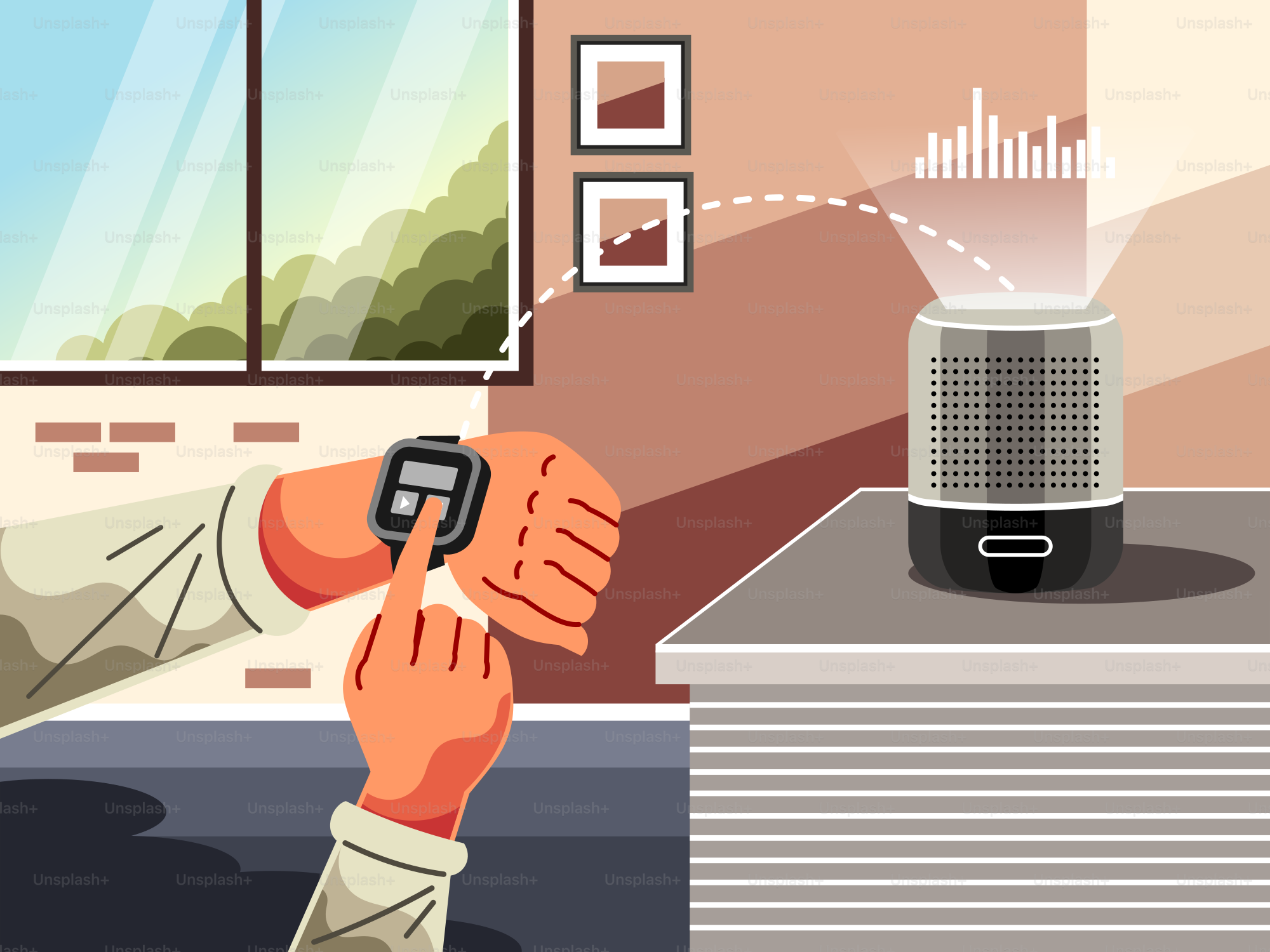 Person using smartwatch to control smart speaker vector – Technology ...