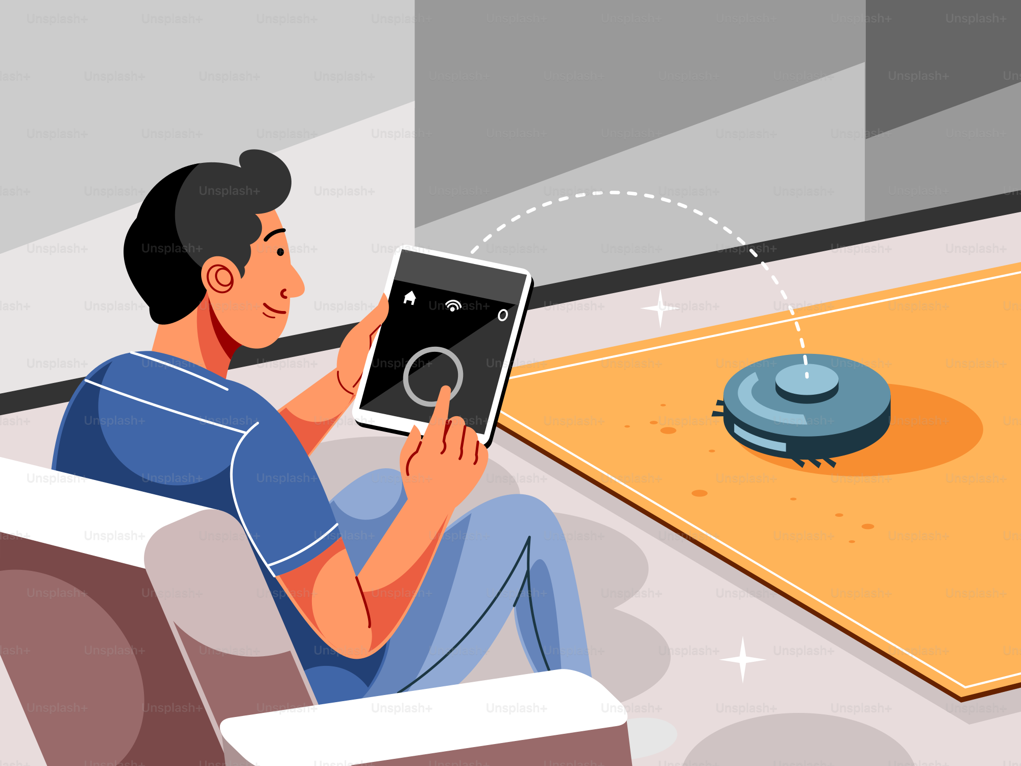 Man controlling robot vacuum with tablet vector – Technology Image on ...