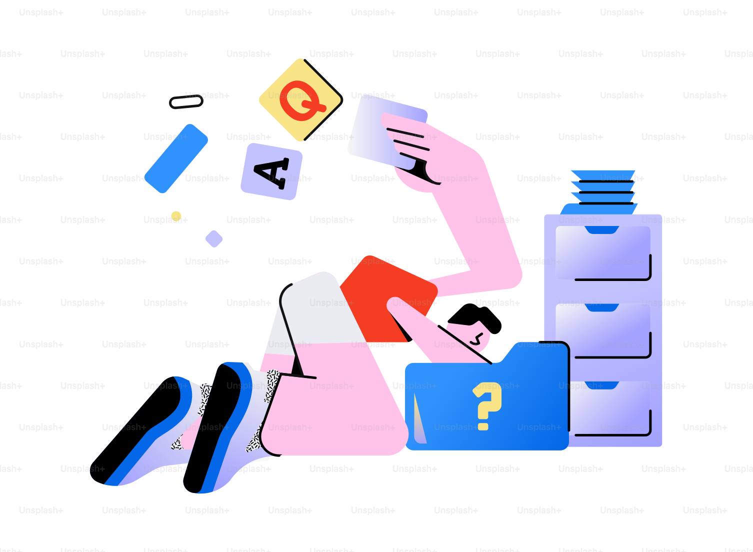 Vektor Orang yang menyortir file dengan folder tanda tanya. – Gambar ...