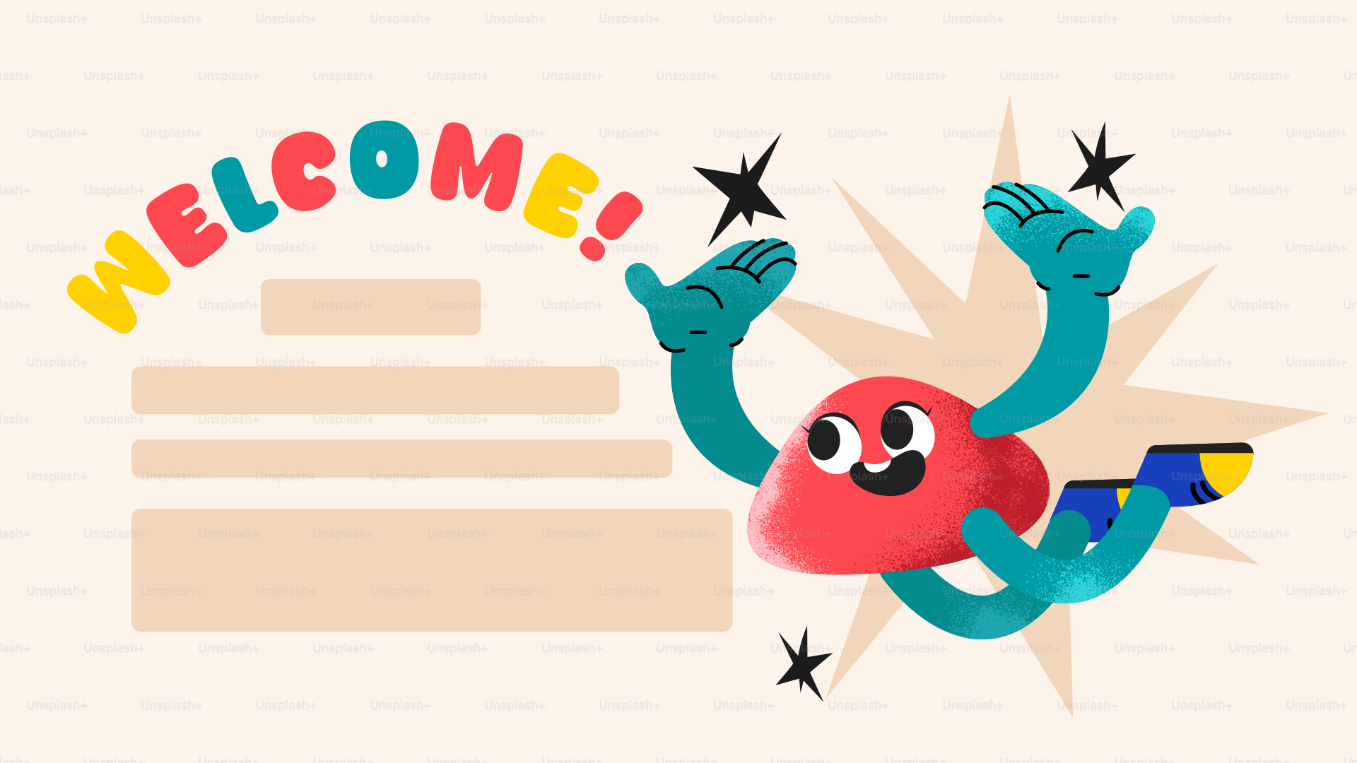 Vektor Karakter kartun dengan teks dan bintang "selamat datang ...