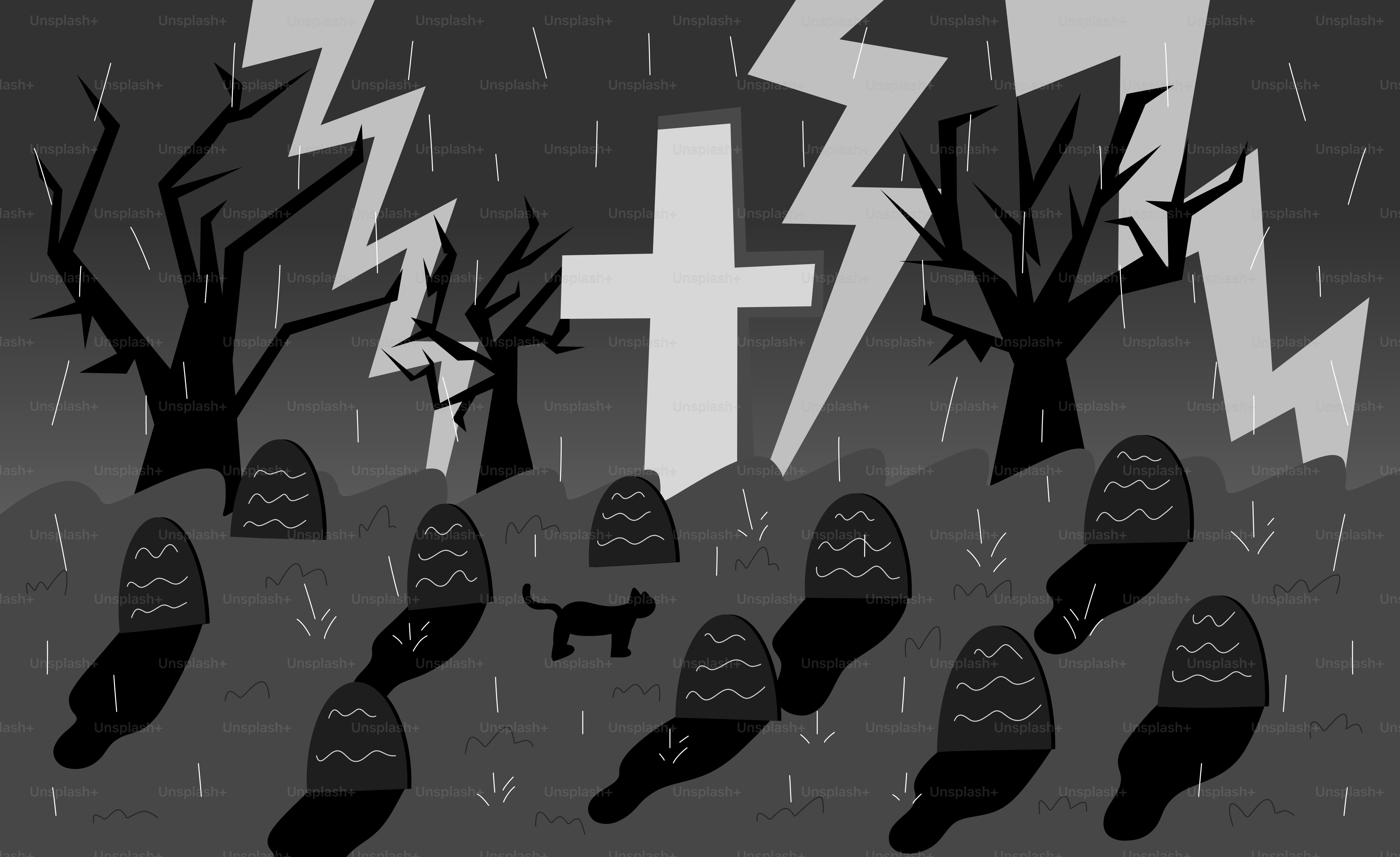A spooky graveyard with lightning and a black cat. vector – Death Image ...