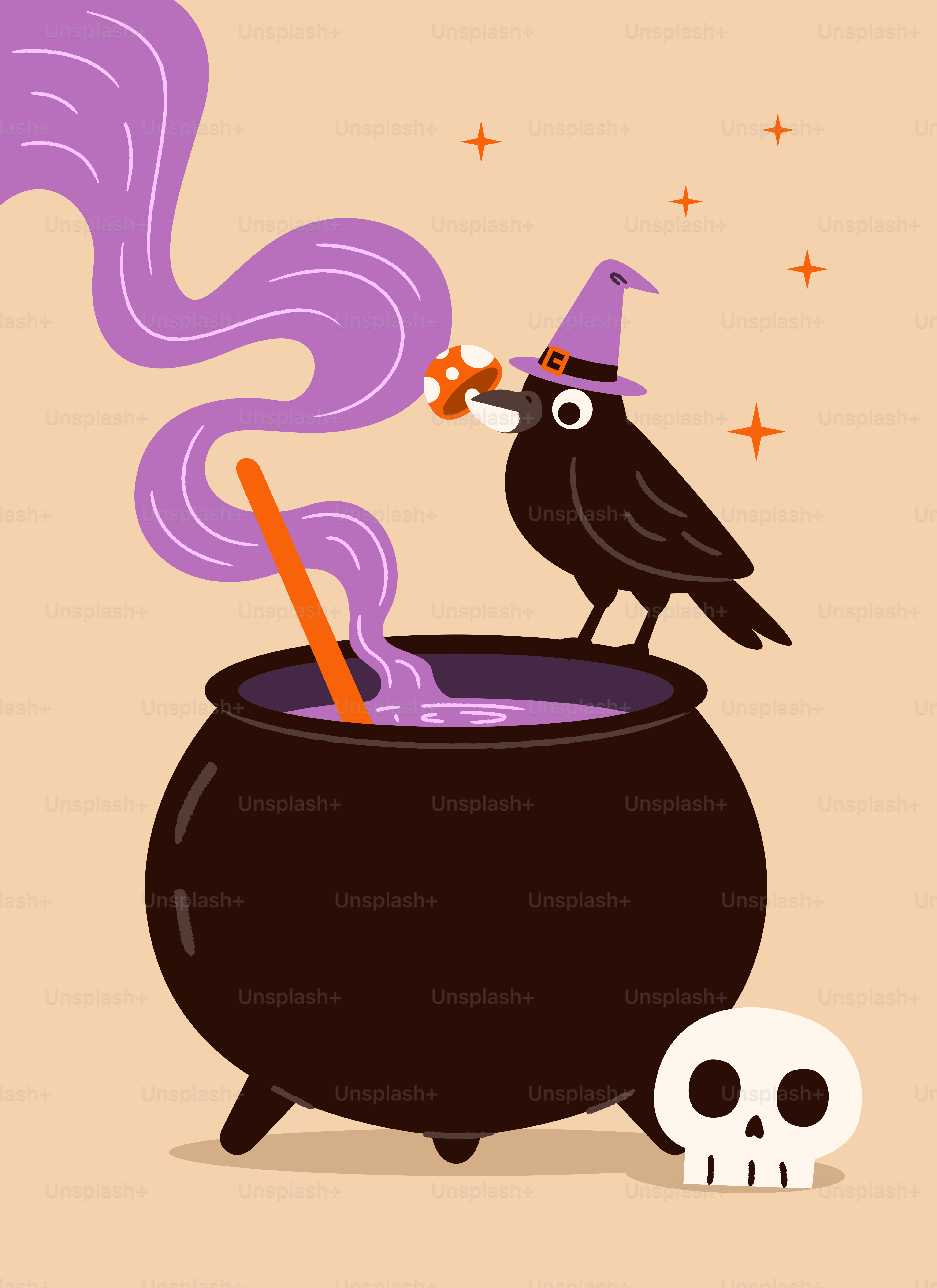 A witch crow stirs a cauldron with a mushroom vector – Cartoon Image on ...