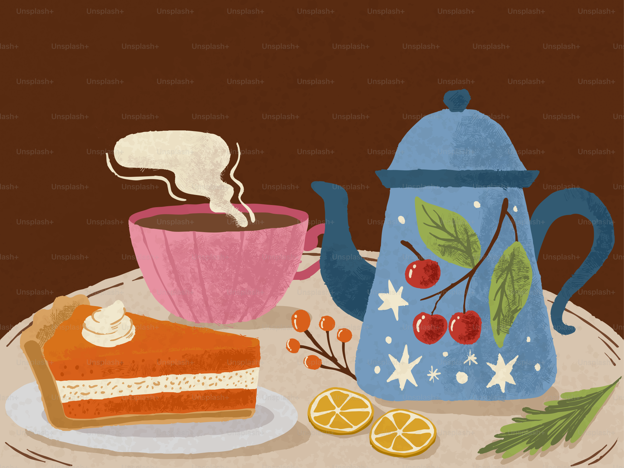 Slice of pie with steaming coffee and teapot vector – Illustration ...