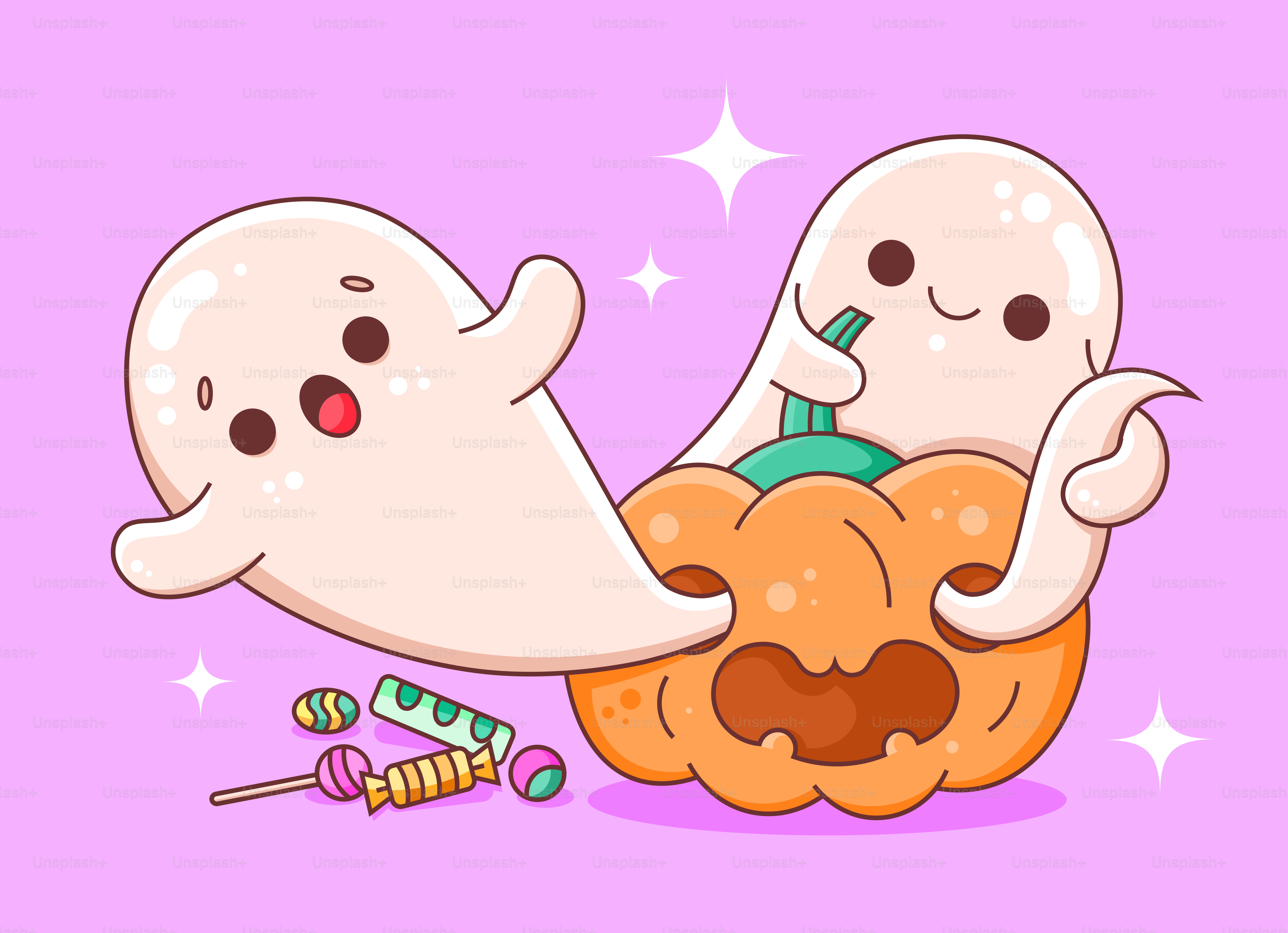 Chat mignon avec des citrouilles et un fantôme pour halloween vectoriel ...