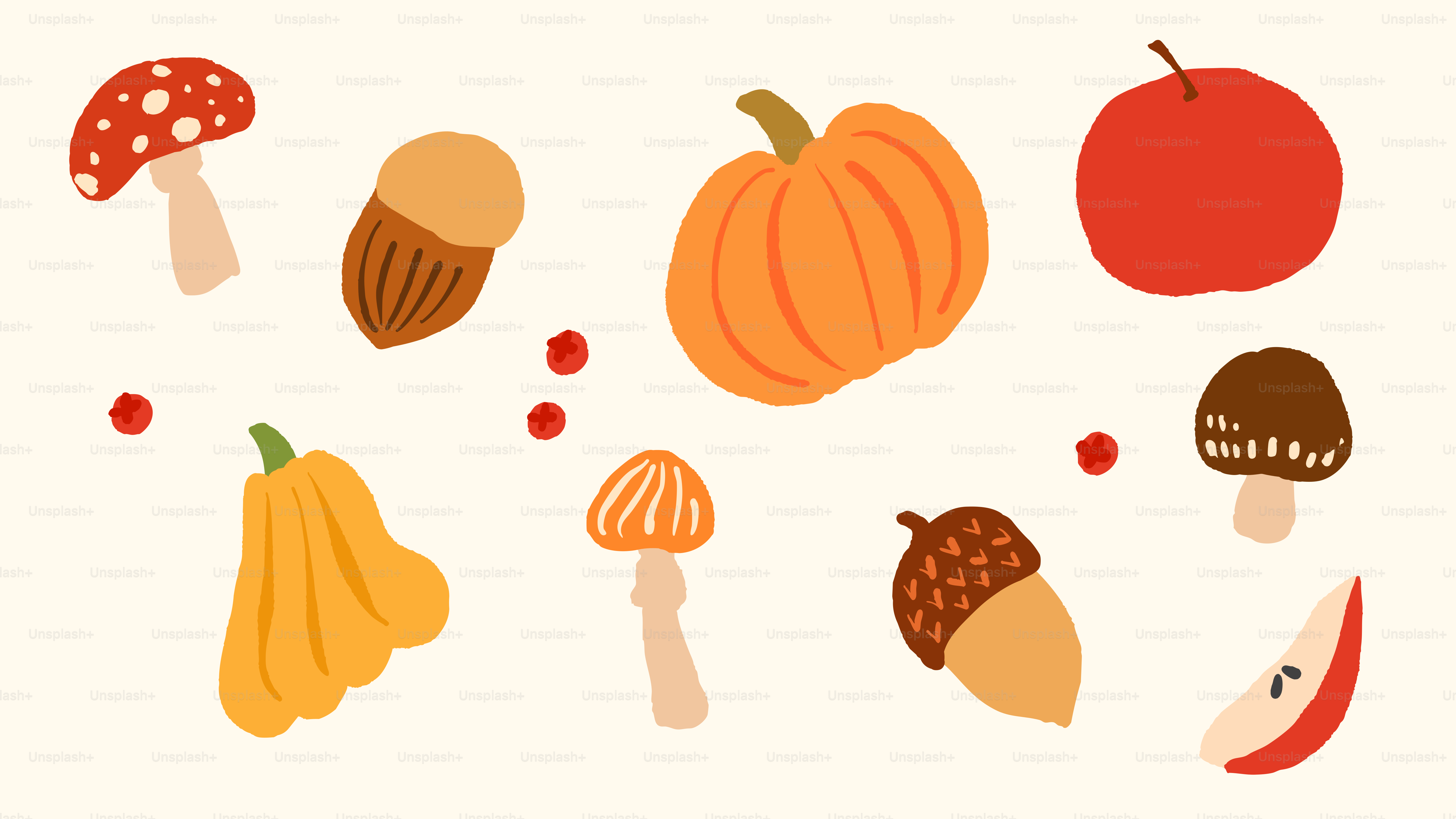 Autumn harvest elements including pumpkins, apples, acorns, and ...