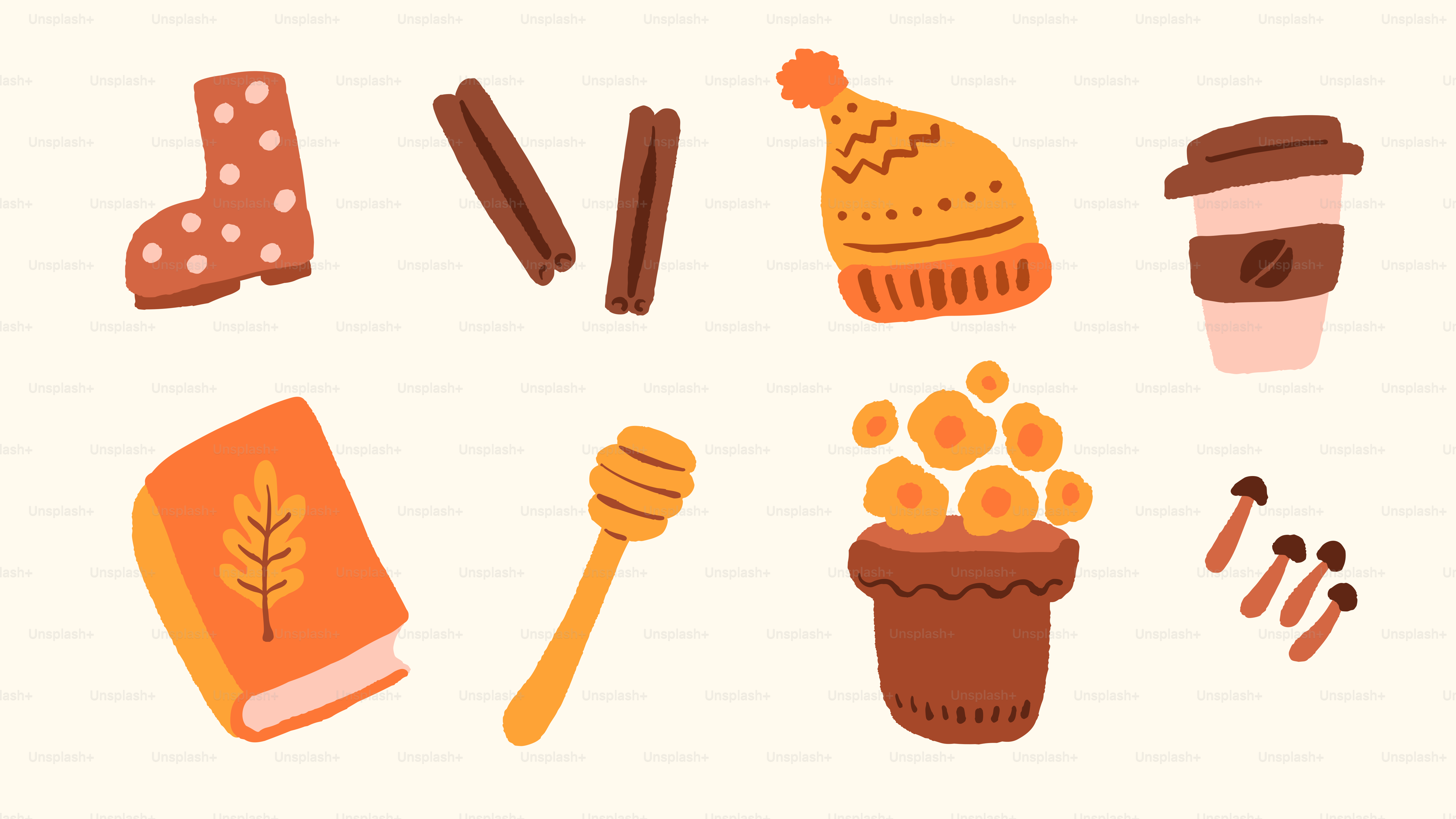 Vektor Benda-benda bertema musim gugur termasuk sepatu bot, kayu manis ...