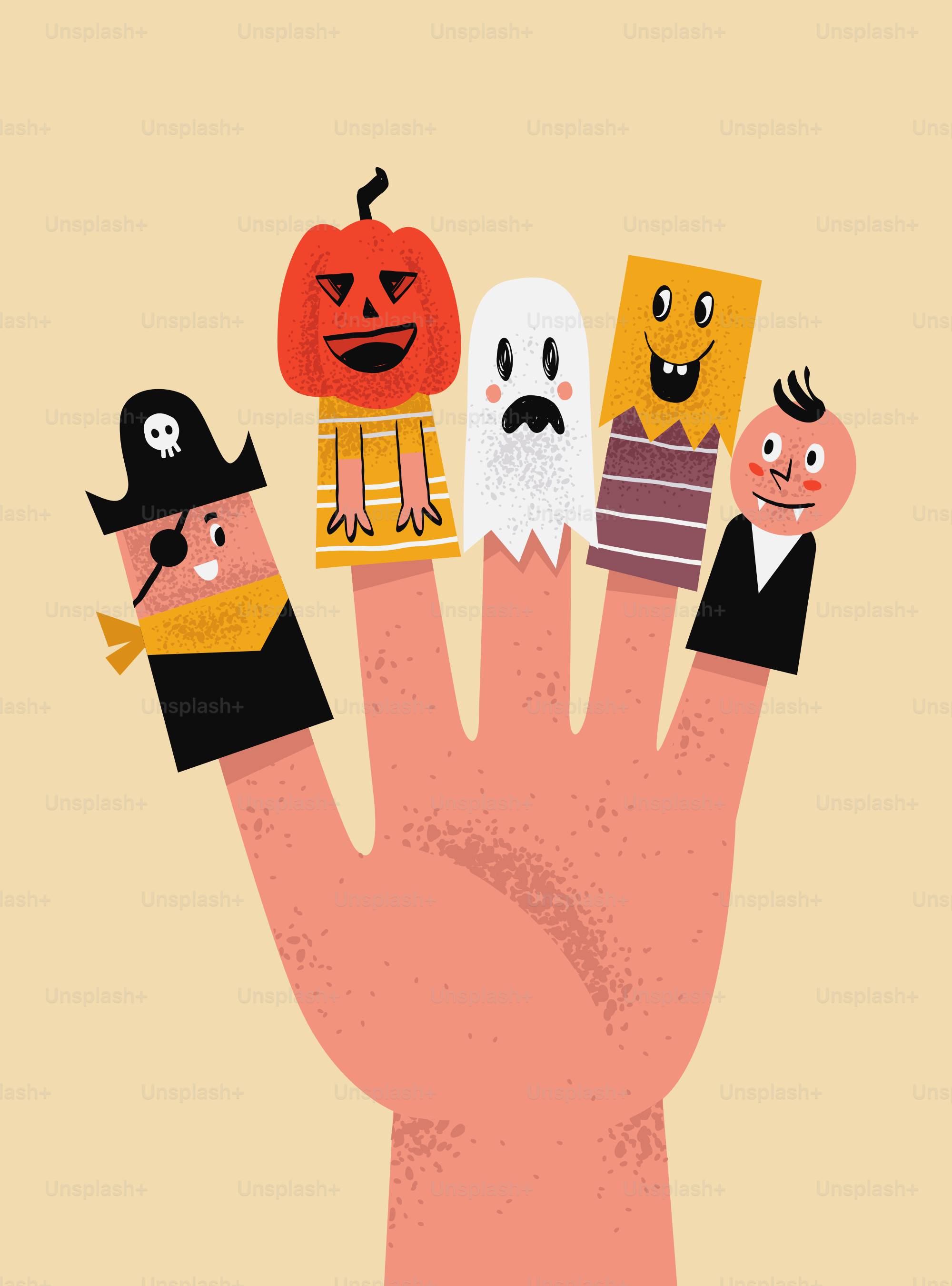 Hand wearing five different halloween-themed finger puppets. vector ...