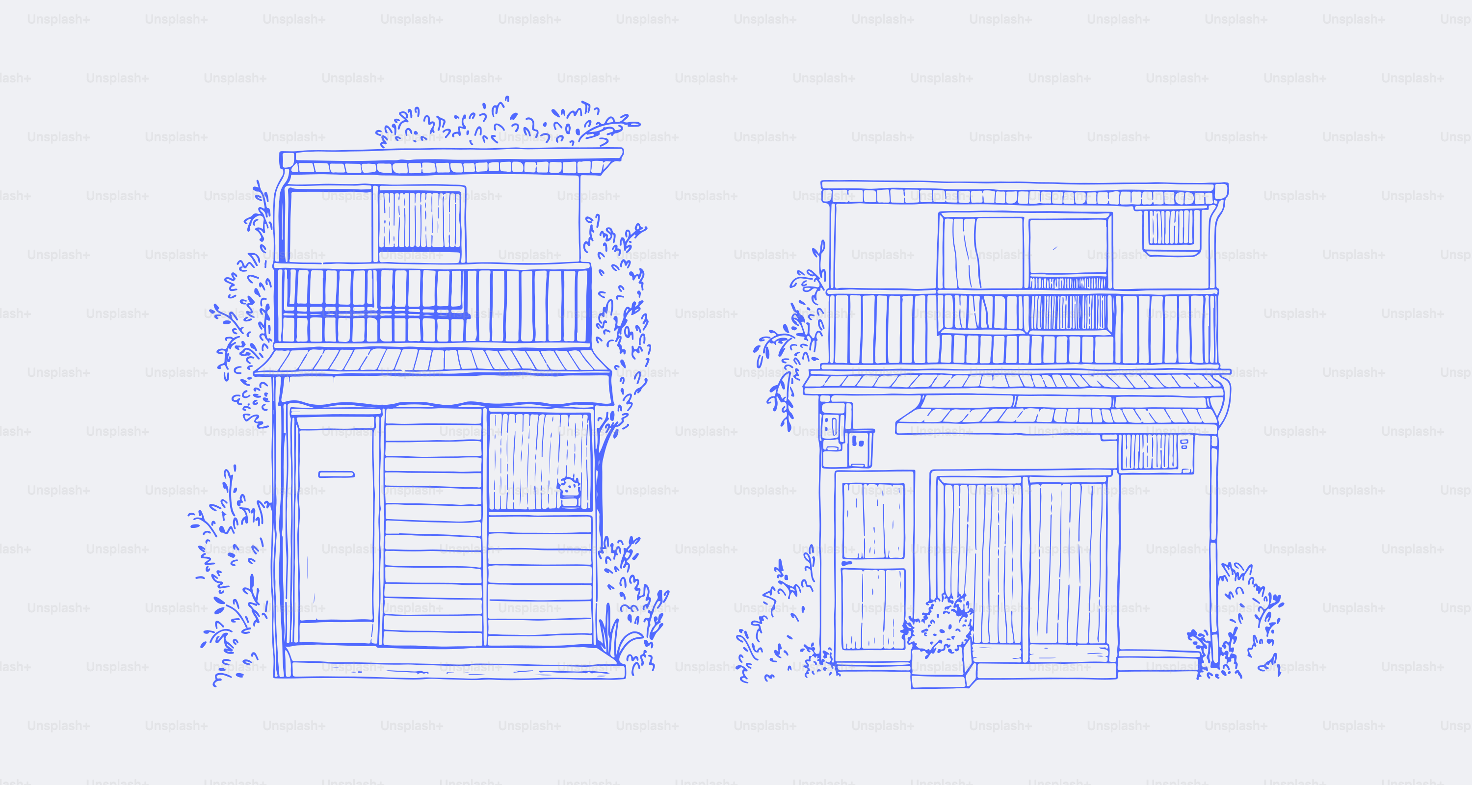 Two blueprint-style houses with balconies and plants. vector – Building ...