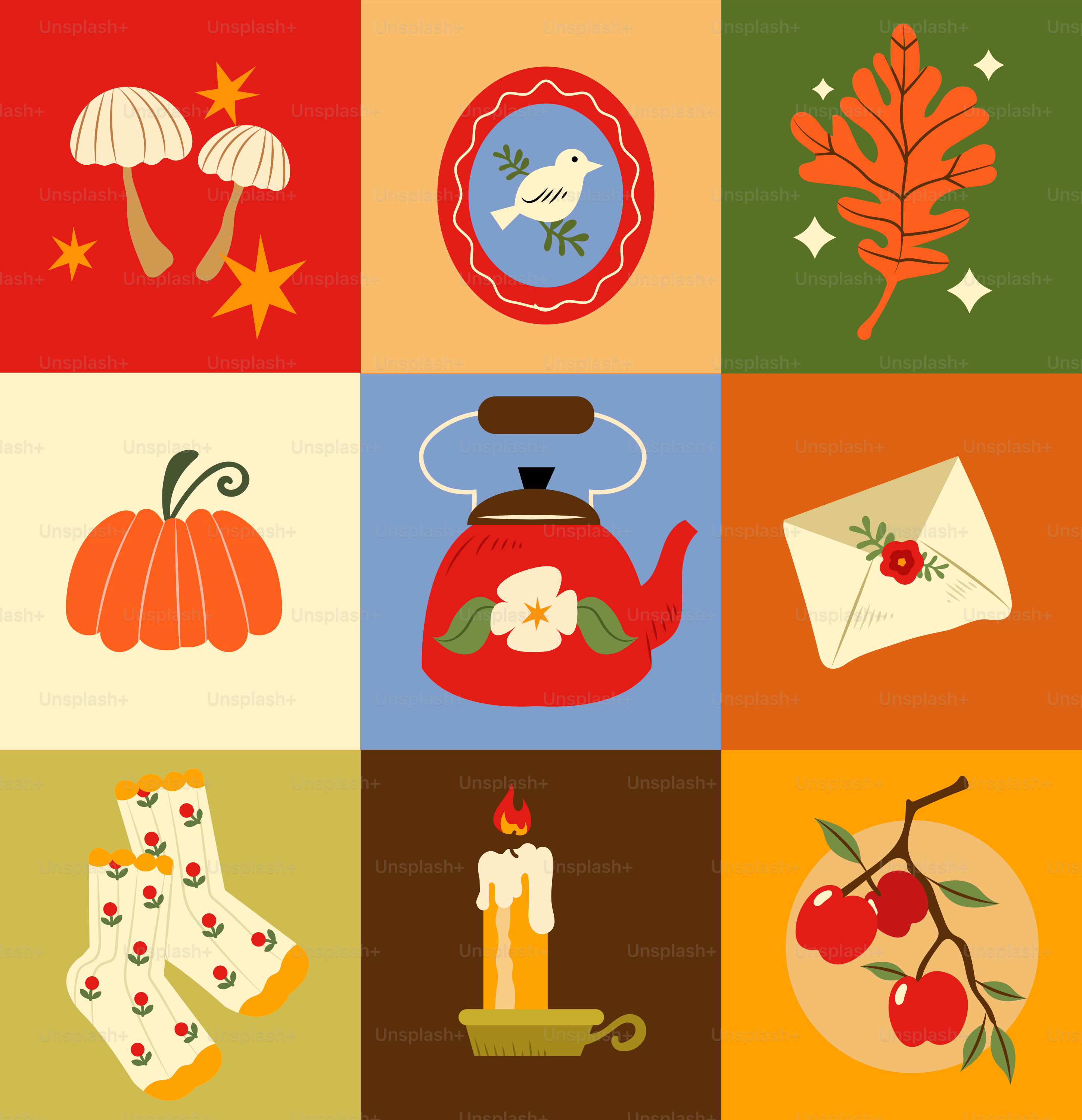 Autumnal elements including mushrooms, pumpkin, and apples. vector ...