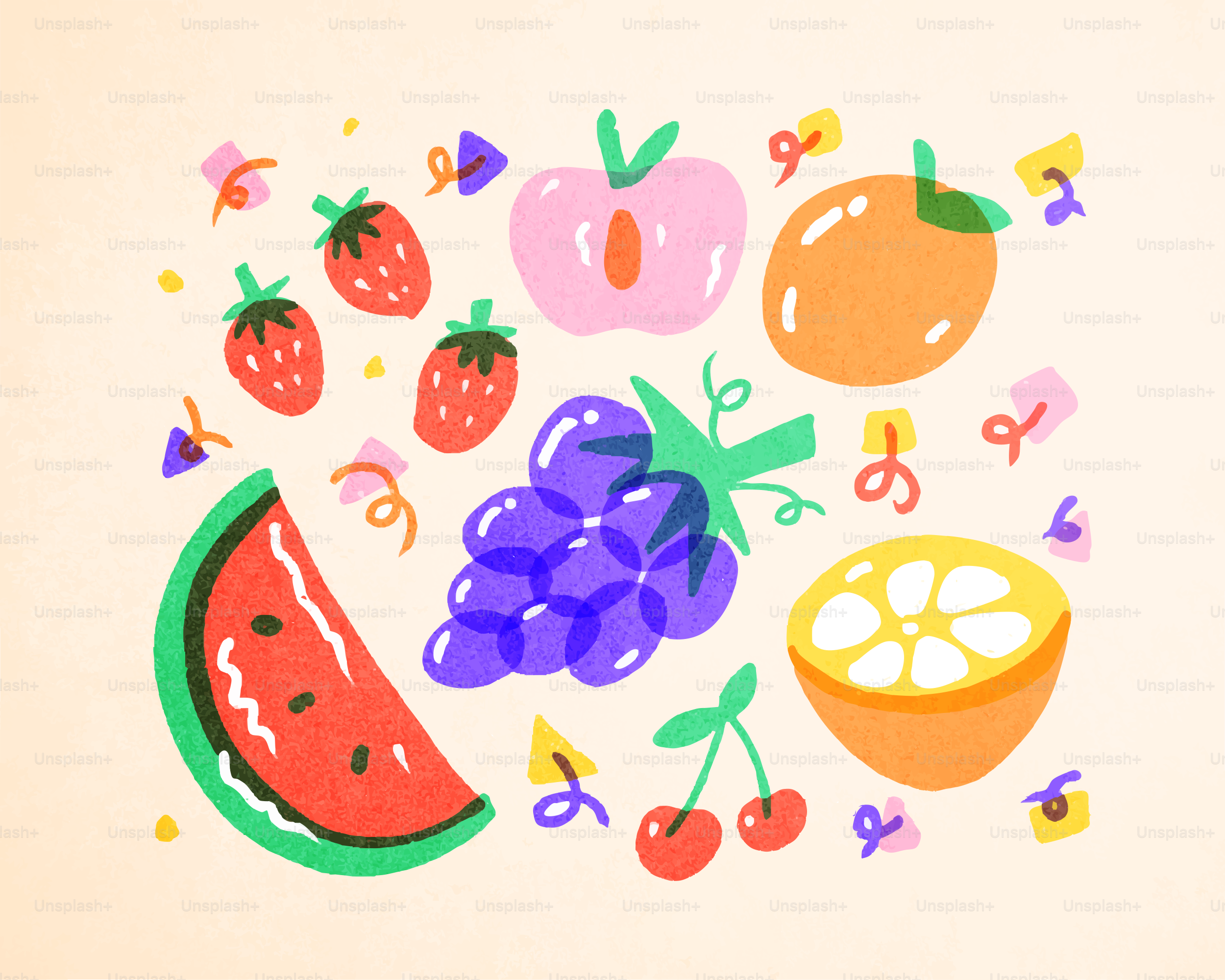 Assortimento colorato di frutta con coriandoli su sfondo chiaro ...