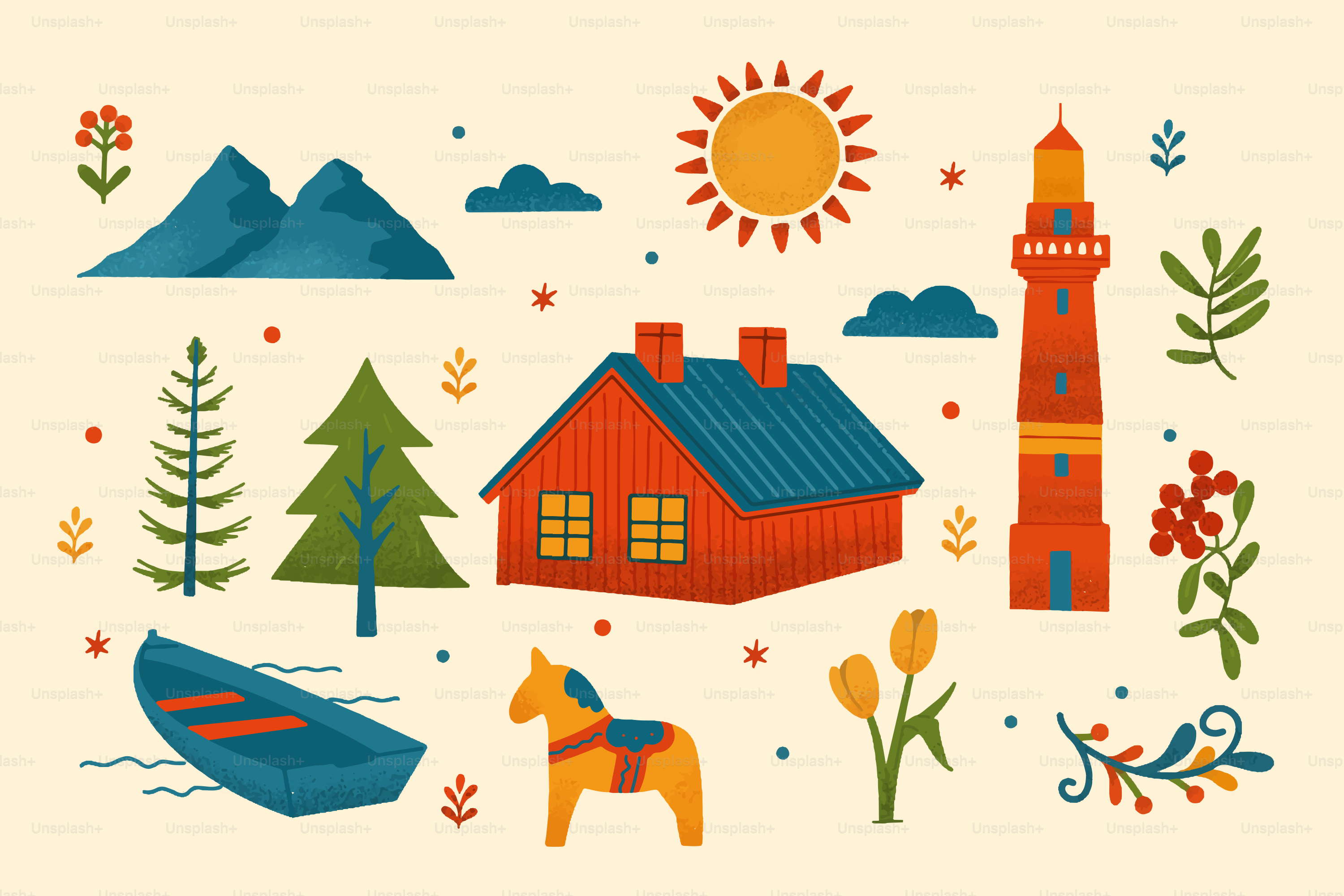 Folk art collection of scandinavian countryside elements vector ...