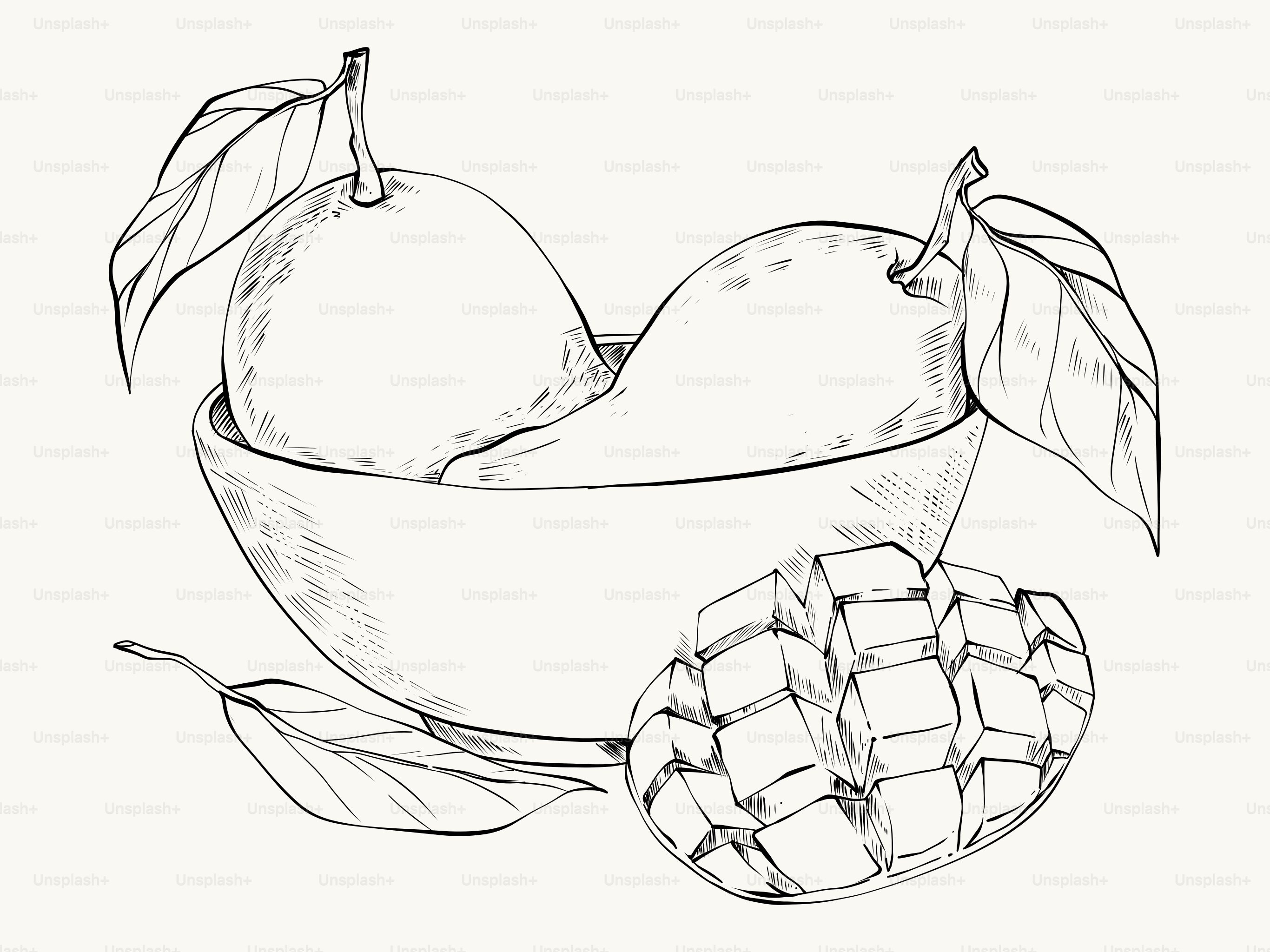 Sketch of two mangoes in a bowl with one cut vector – Illustration ...