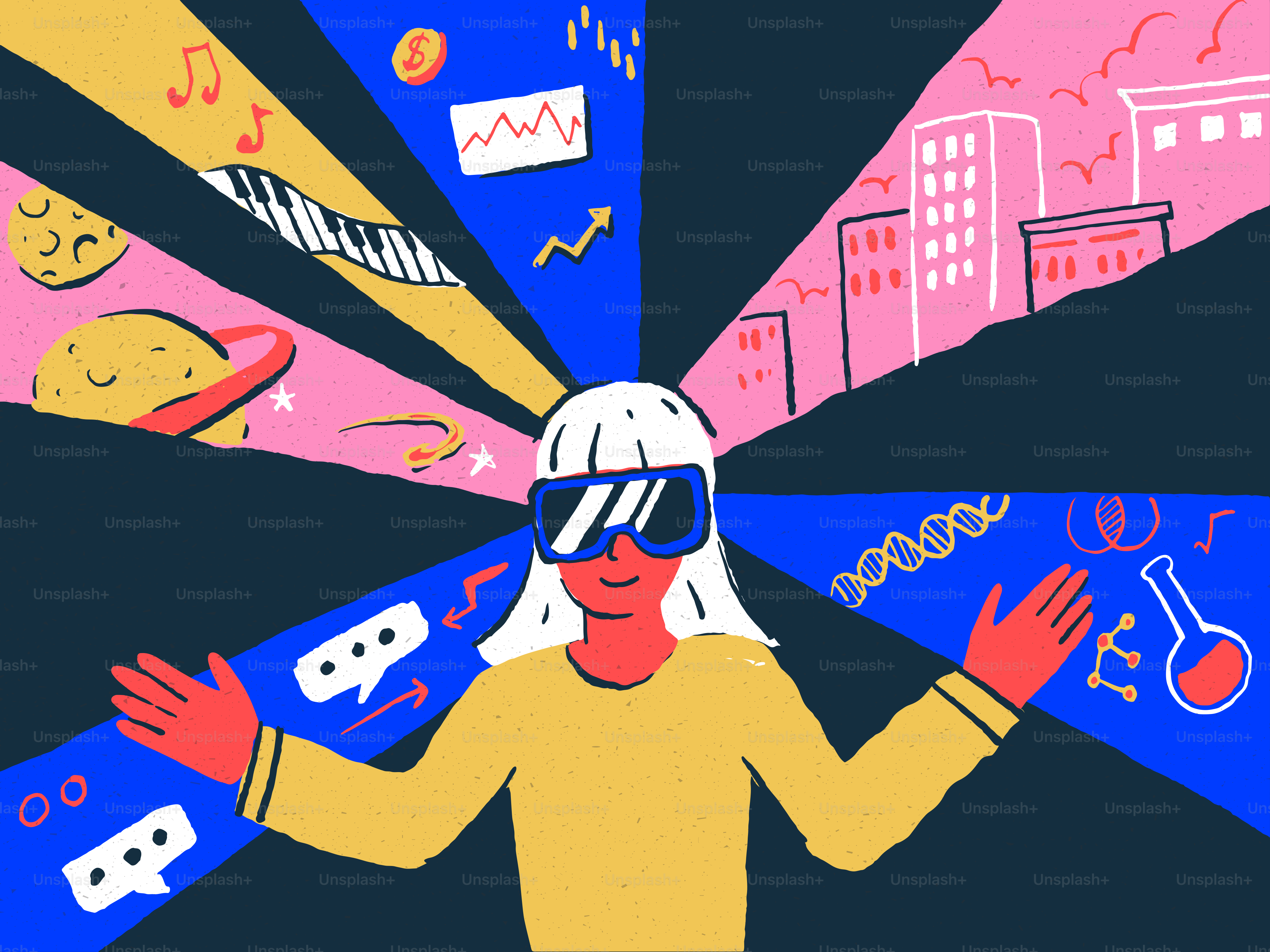 Vektor Orang yang memakai headset vr mengalami elemen realitas virtual – Gambar Teknologi di ...