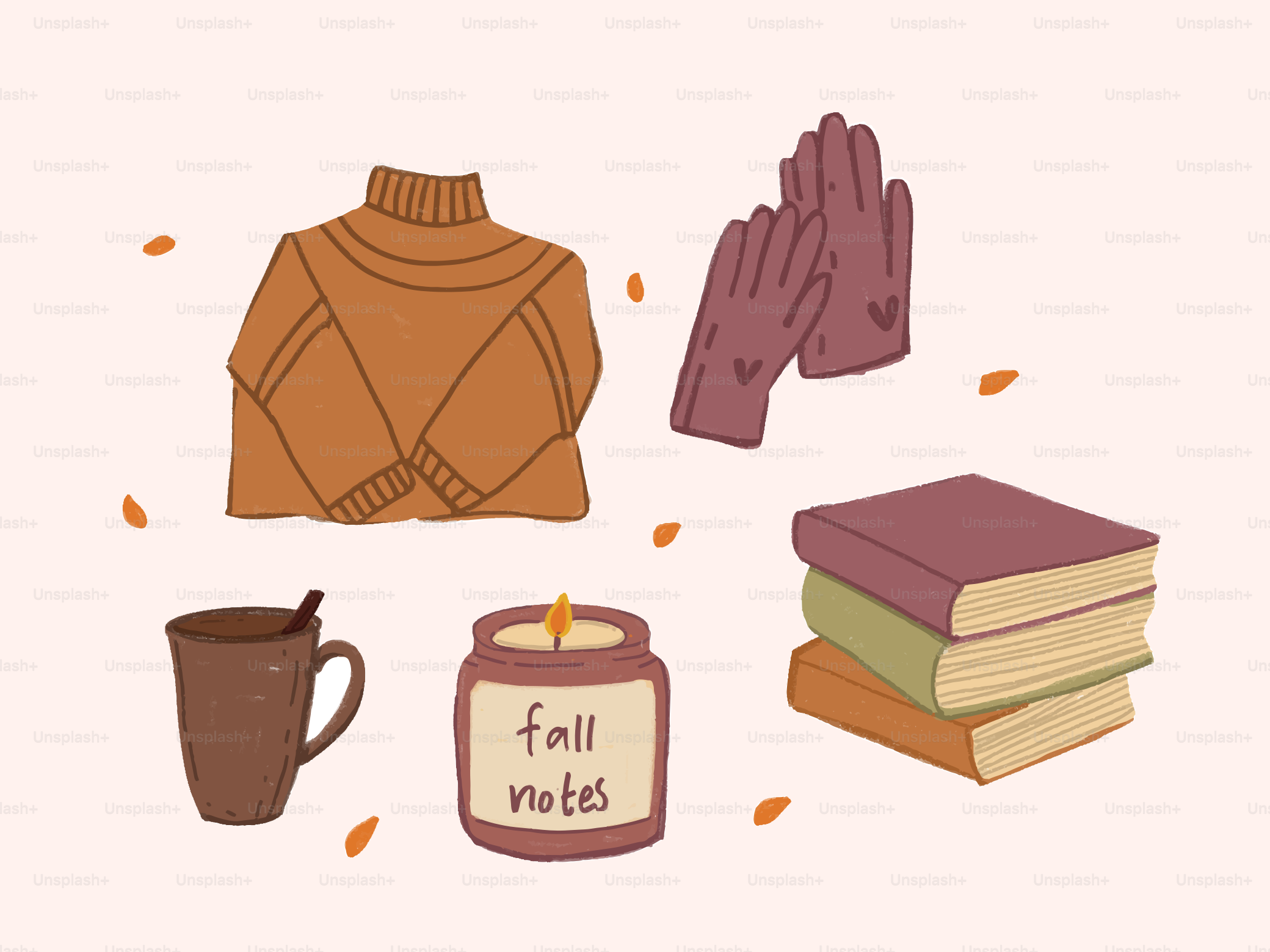 Artículos acogedores de otoño: suéter, guantes, libros y vela. vector ...