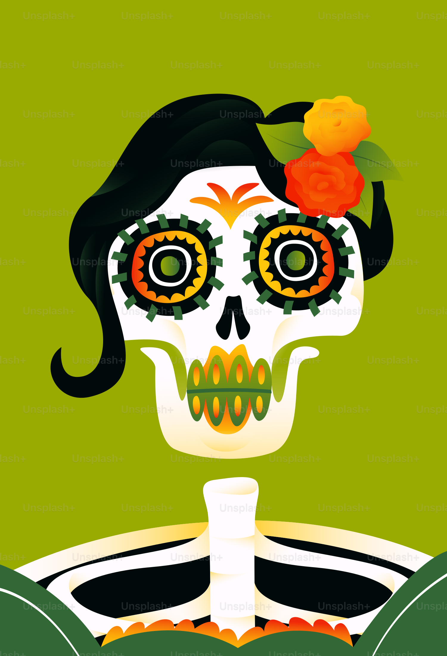 Vektor Hari tengkorak mati dengan bunga dan latar belakang hijau ...
