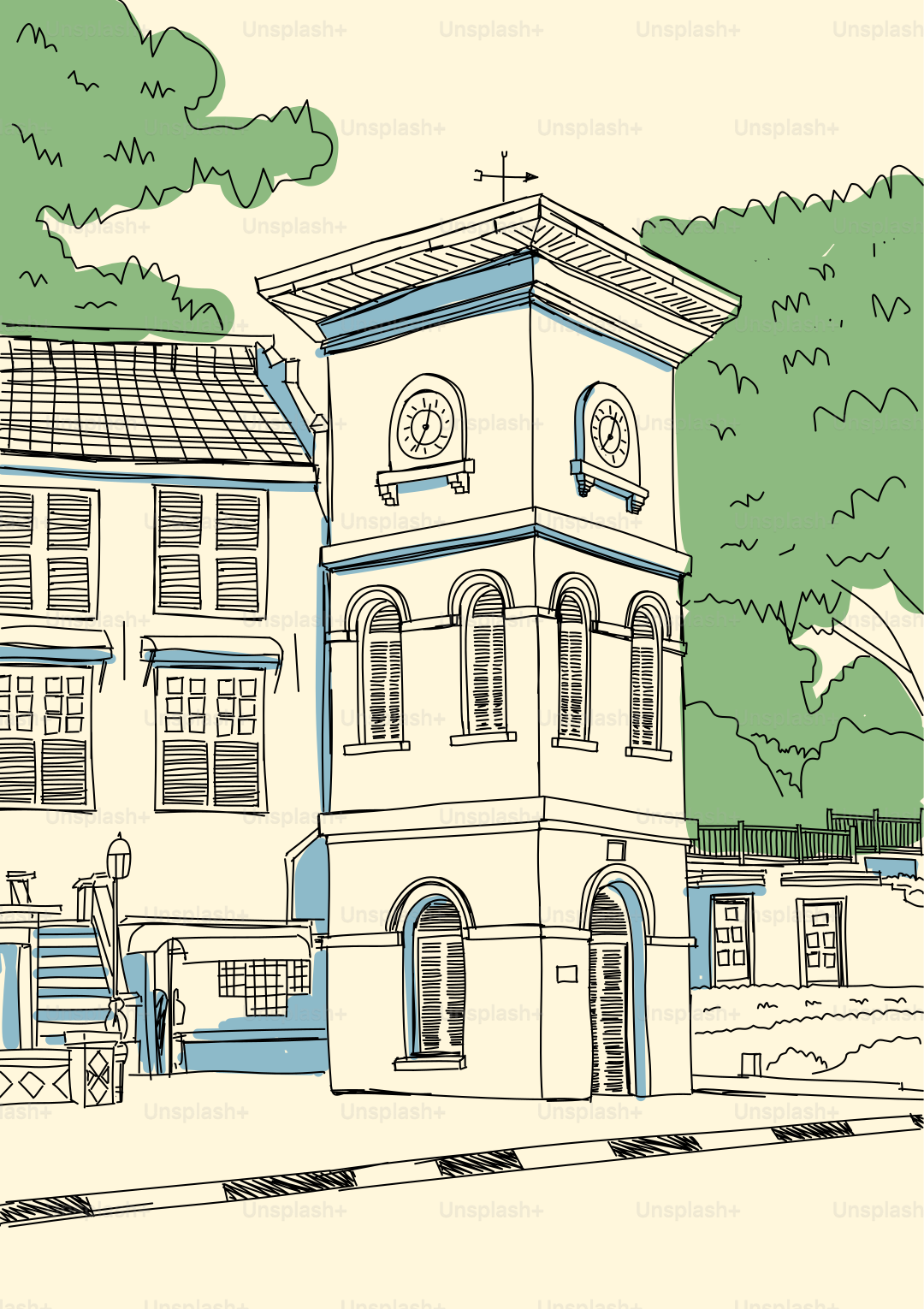 Vektor Sketsa menara jam dan bangunan dengan pepohonan. – Gambar ...