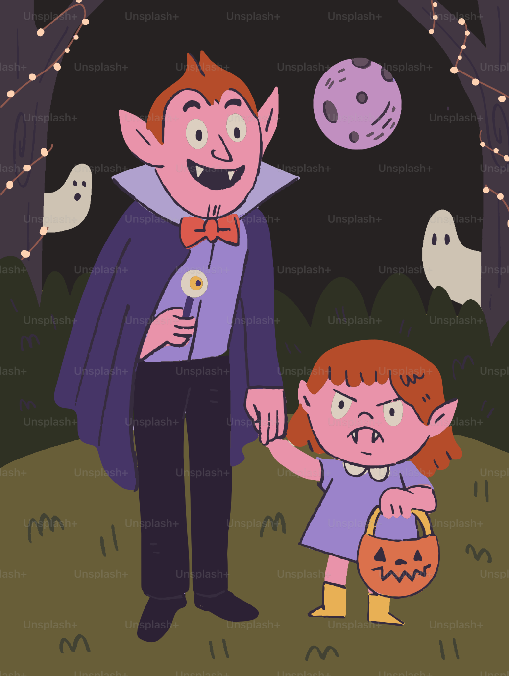 Vampire father and daughter trick-or-treating at halloween vector ...