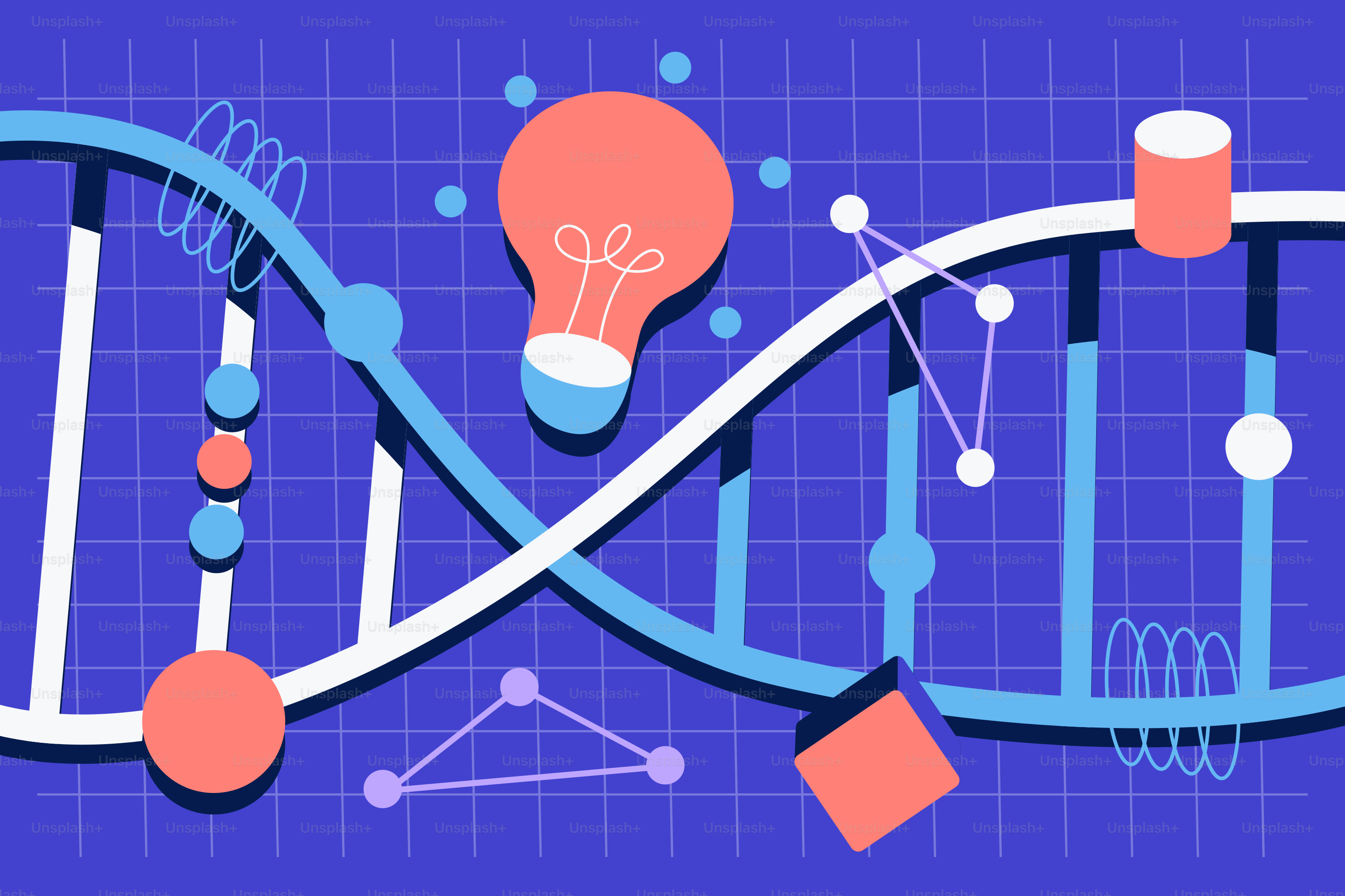 Dna helix with scientific symbols on grid background vector ...