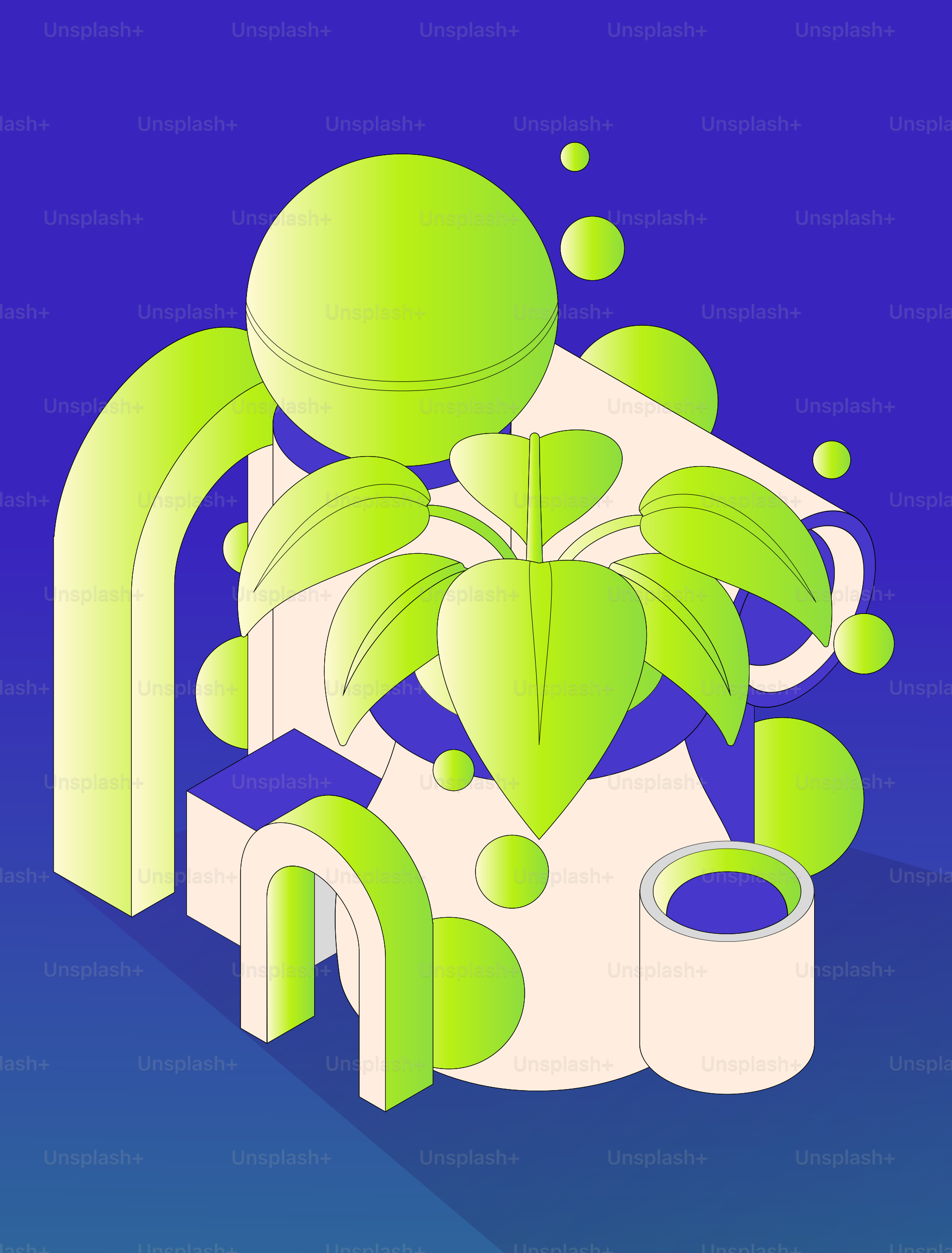 Abstract floral shapes with green spheres on blue background vector ...