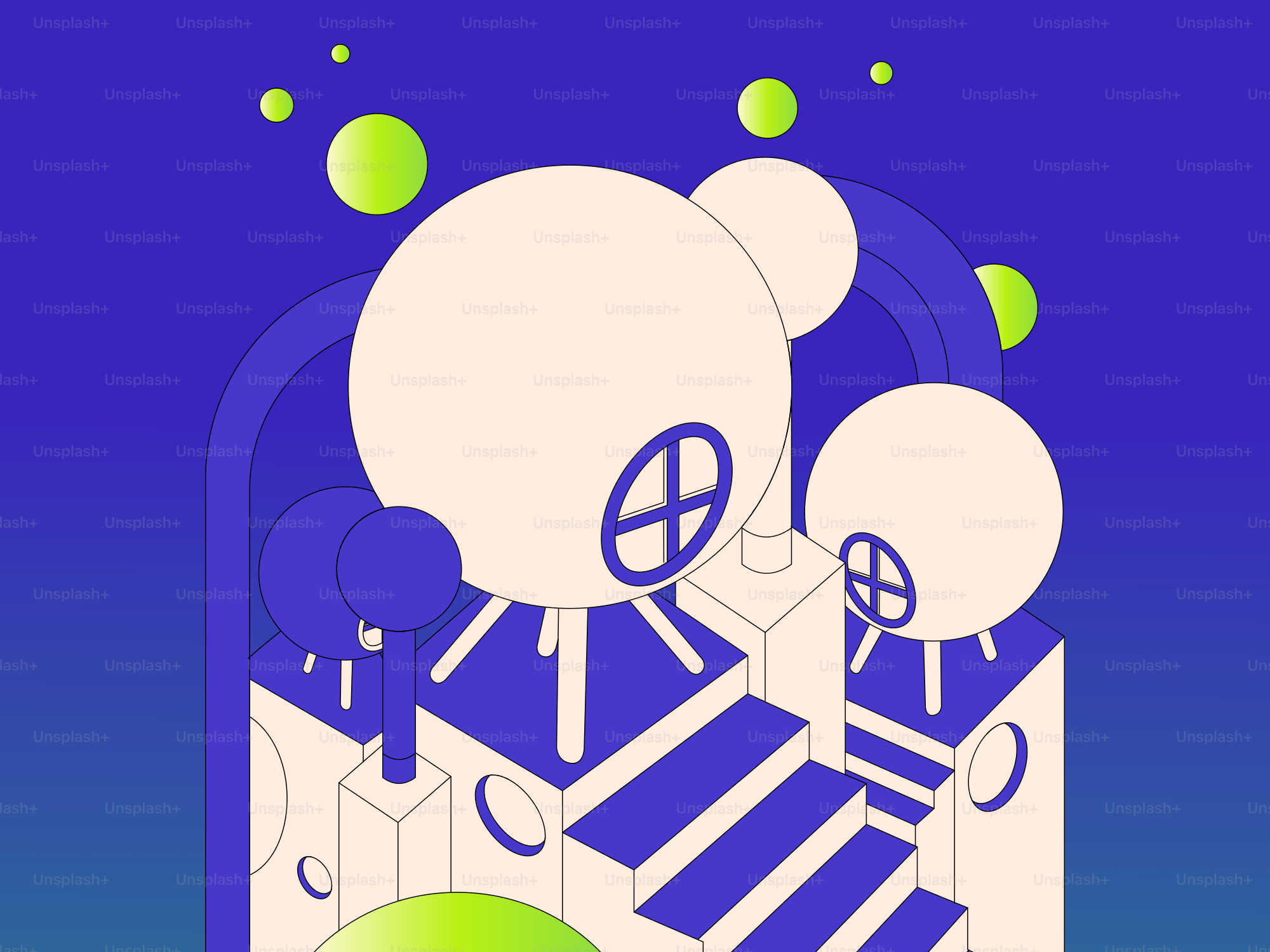 Abstract floral shapes with green spheres on blue background vector ...