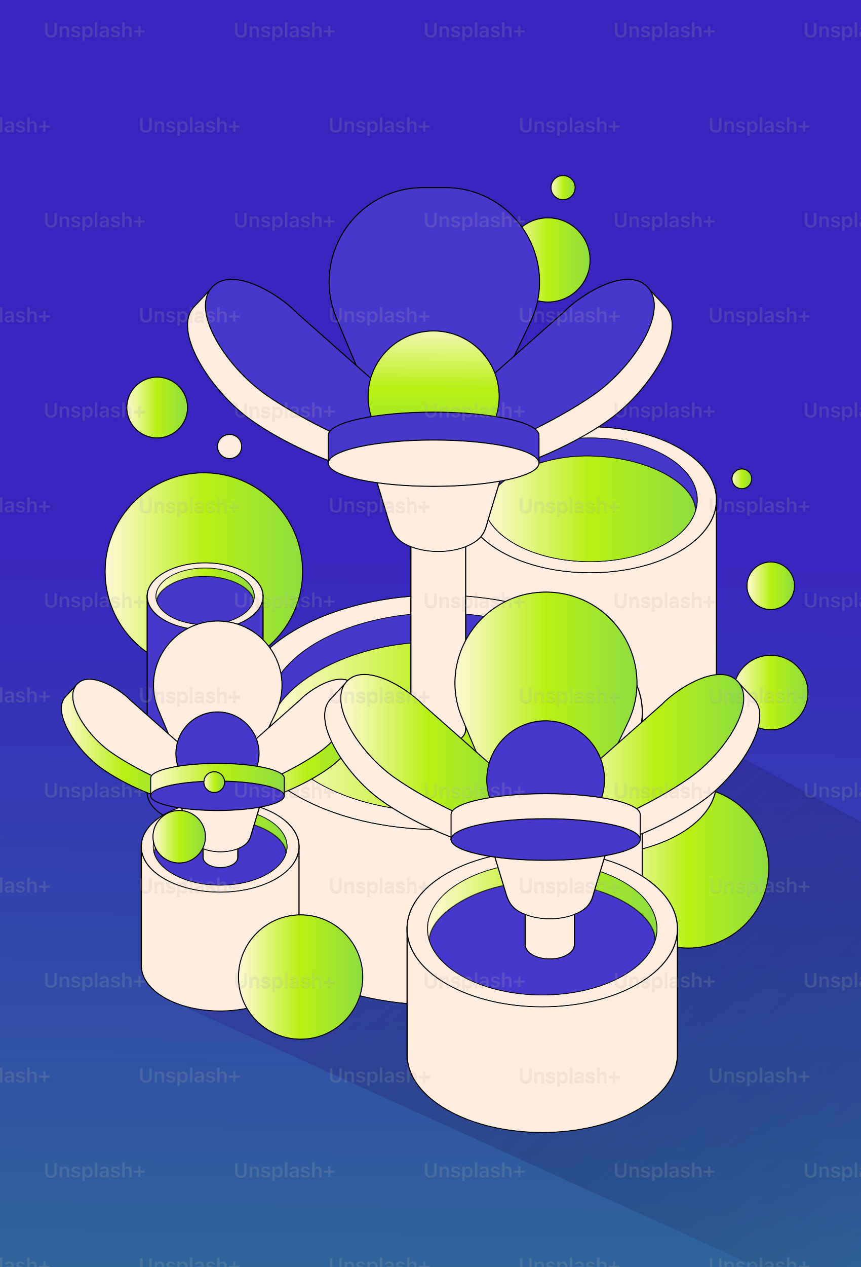 Abstract floral shapes with green spheres on blue background vector ...