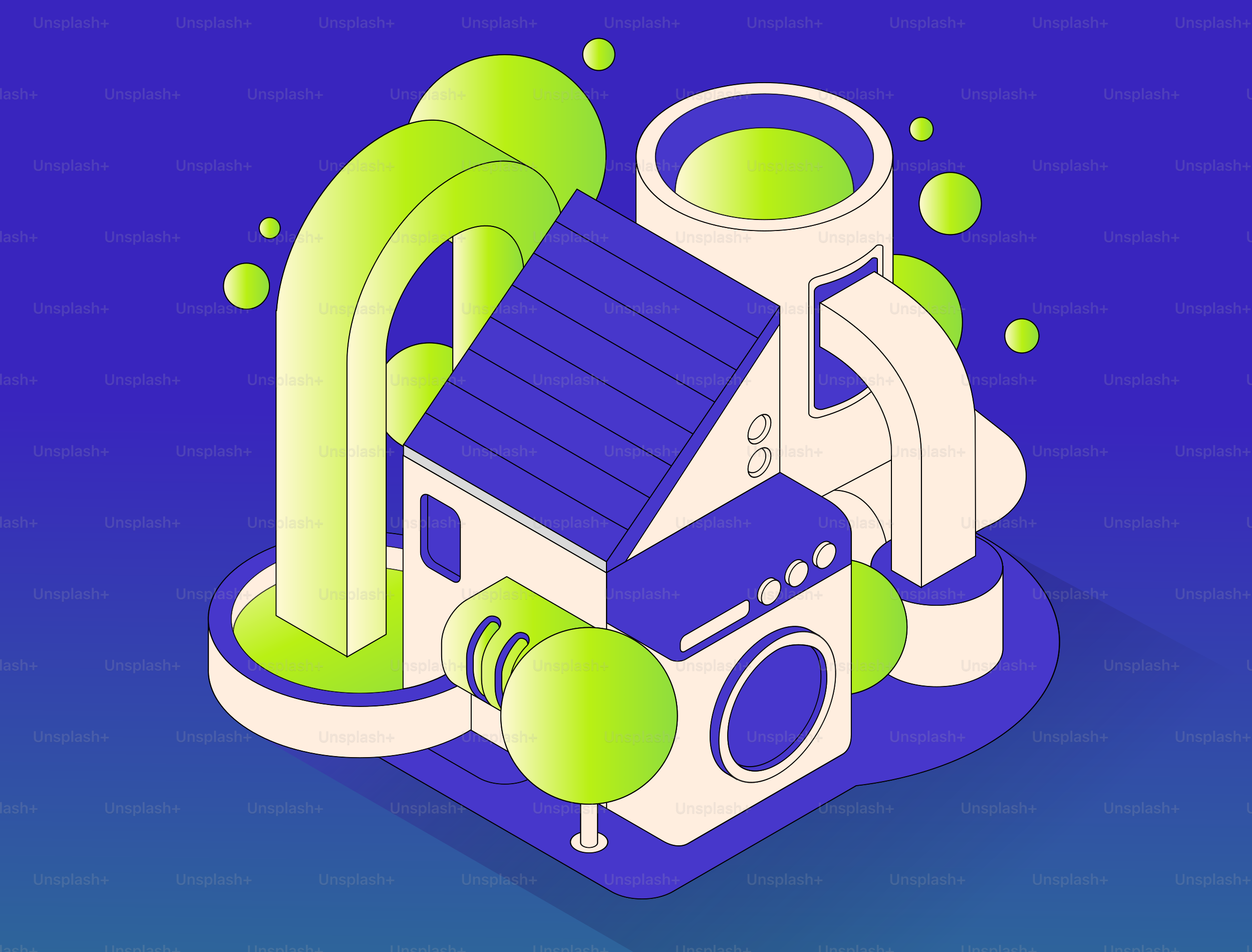 Abstract floral shapes with green spheres on blue background vector ...