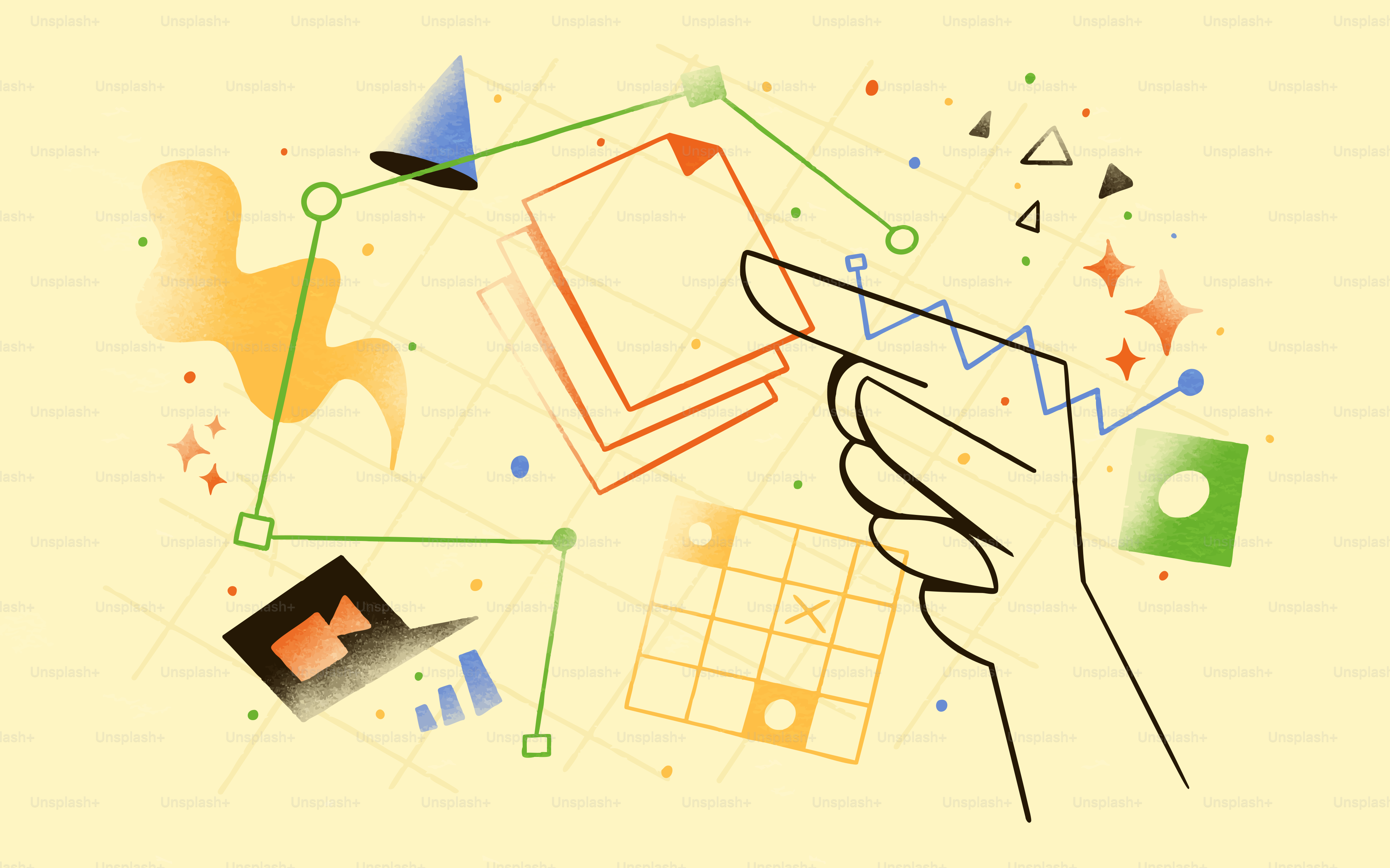 Vektor Seni digital abstrak dengan tangan dan bentuk geometris ...