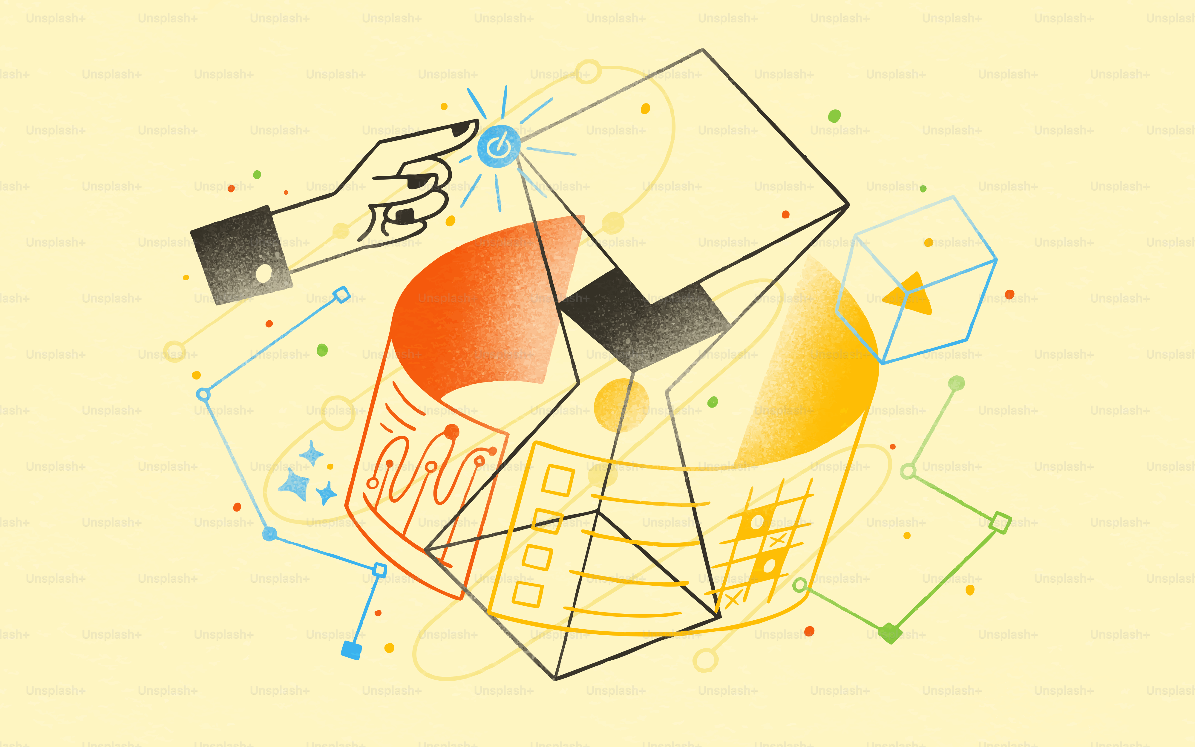 Vektor Seni digital abstrak dengan unsur ilmiah dan kreatif. – Gambar ...