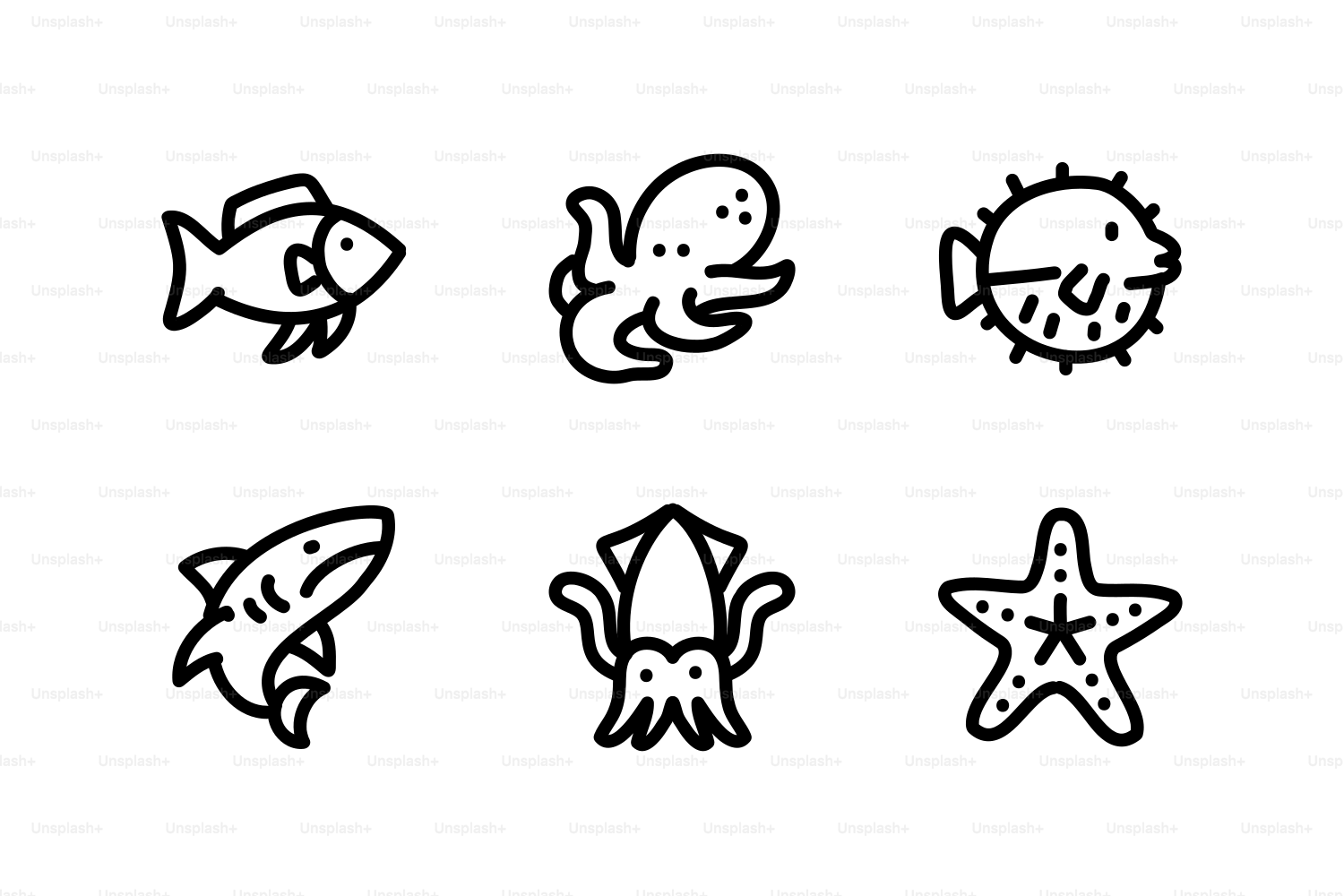 Vektor Enam gambar garis sederhana hewan laut – Gambar Ilustrasi di ...