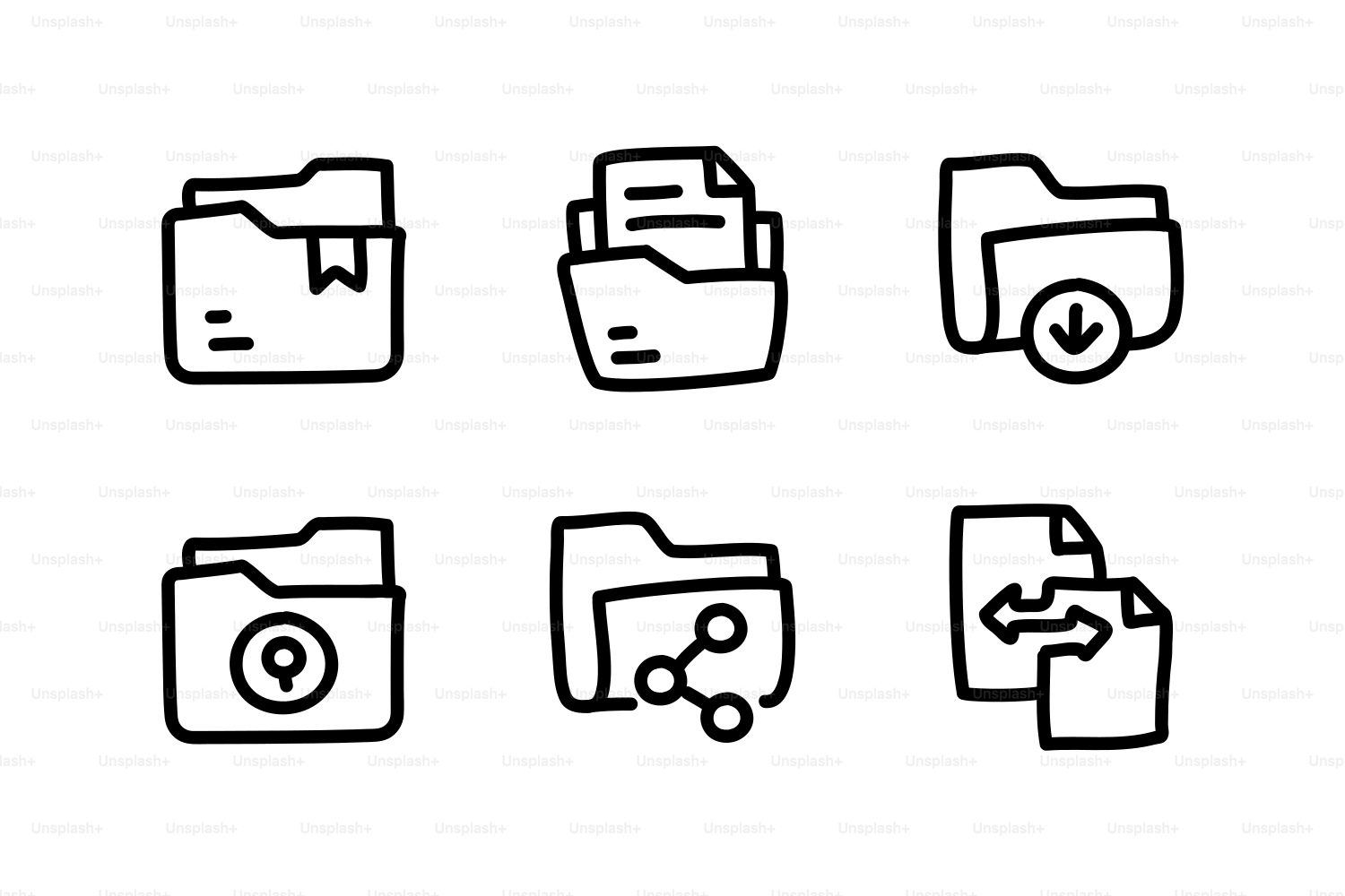 Set of six hand-drawn folder icons with various symbols. vector – Icon ...