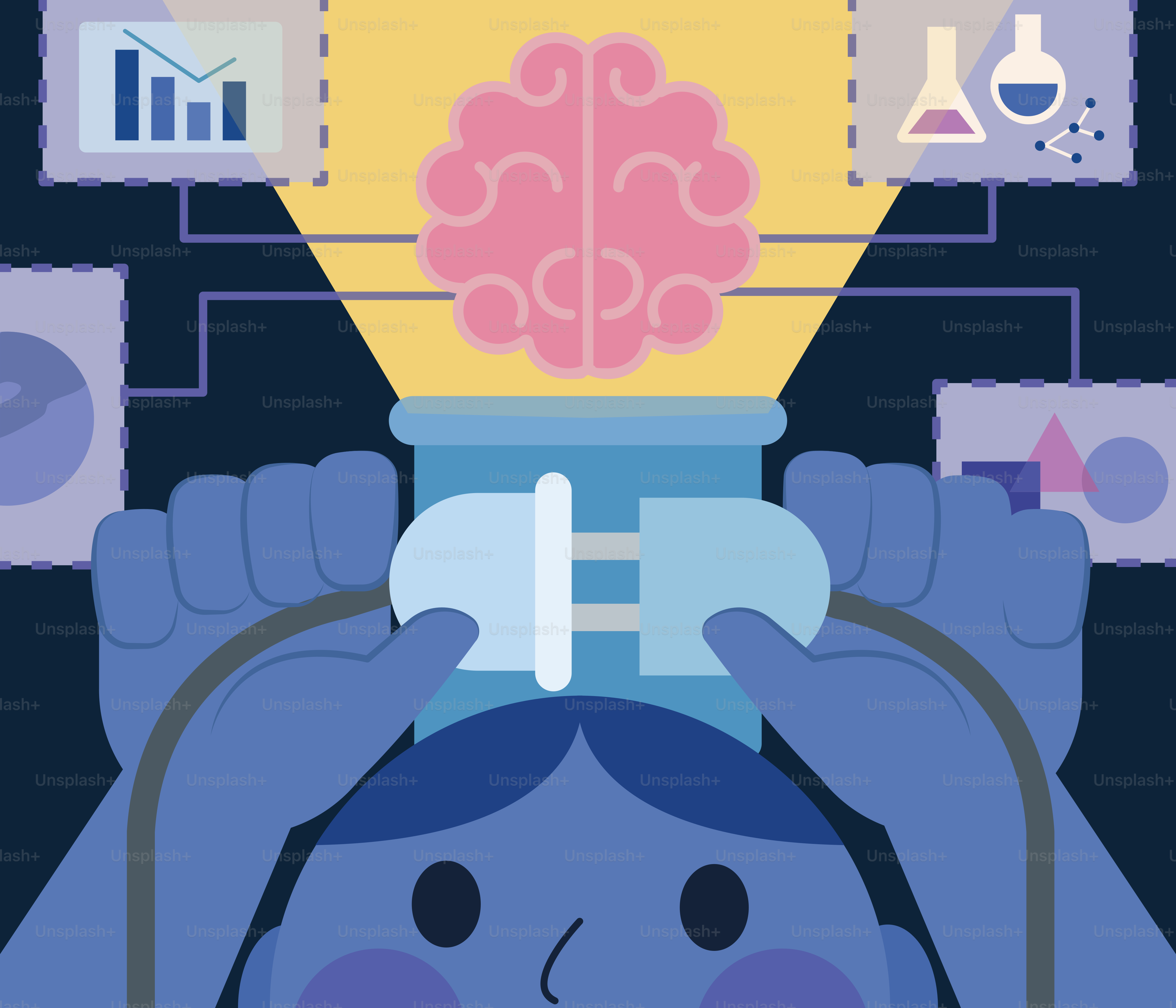 Vektor Tangan menekan tombol daya yang menerangi berbagai ikon sains ...