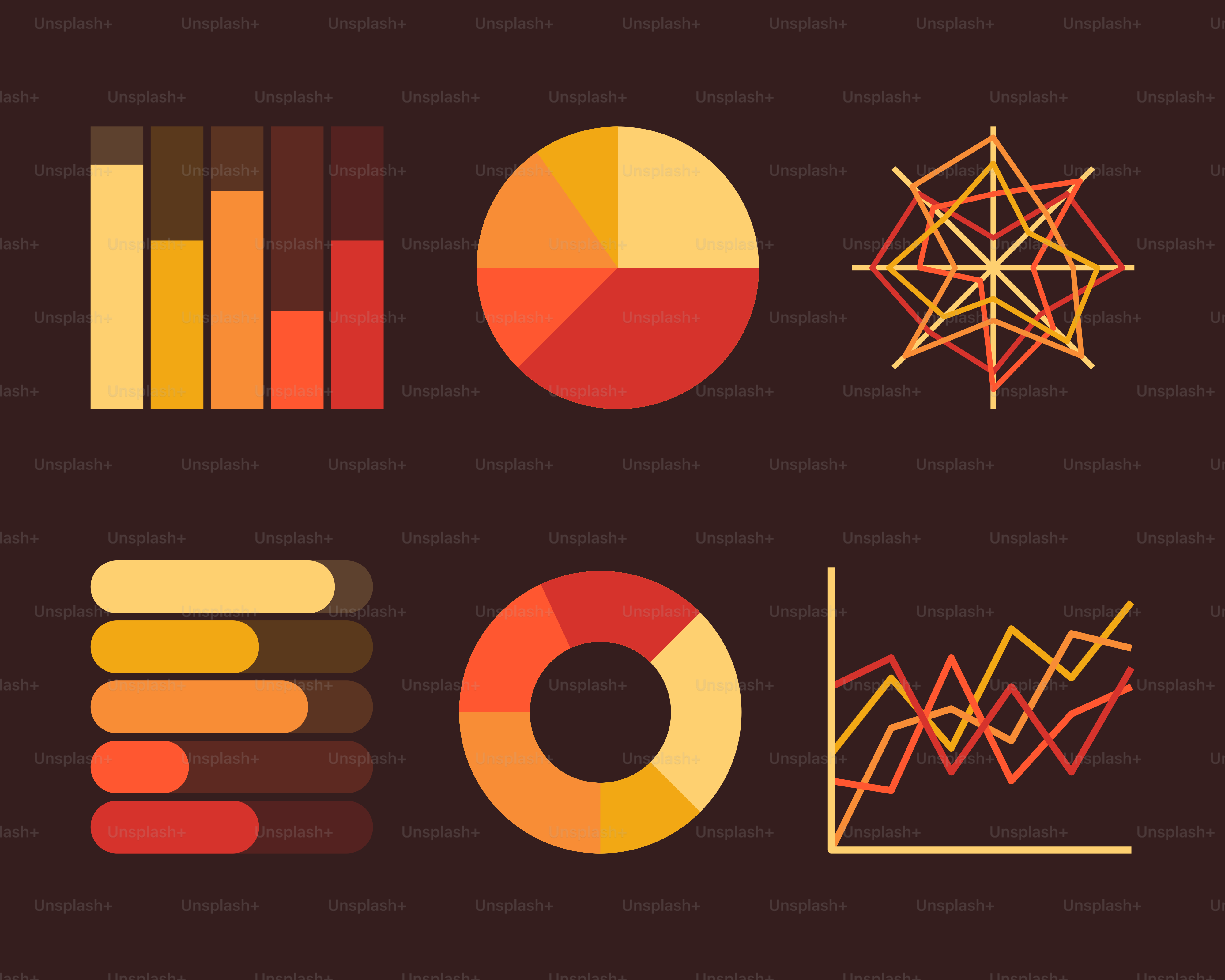 Collection of diverse data visualization charts on dark background ...