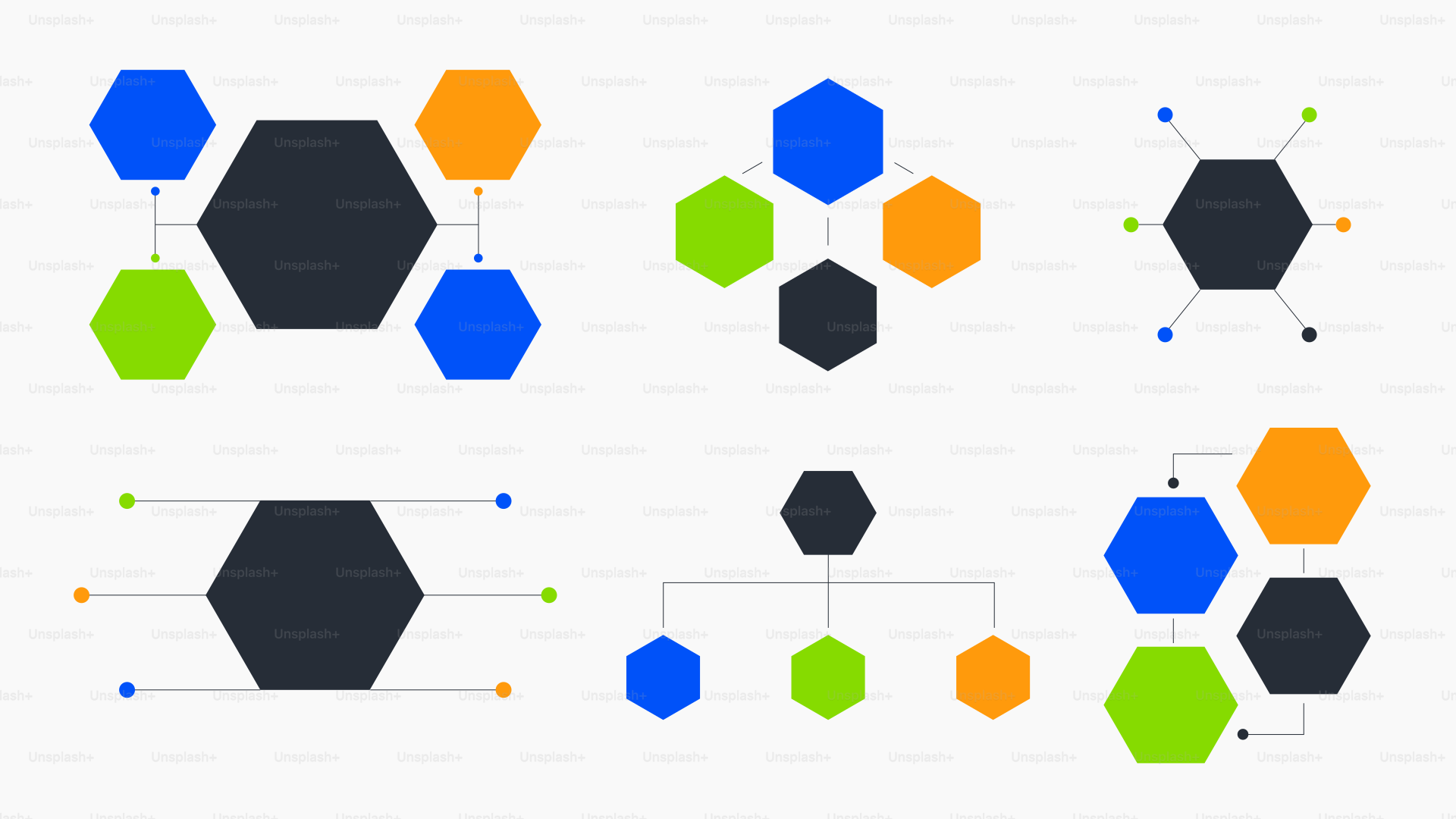 Vektor Diagram segi enam dalam berbagai susunan dan susunan warna-warni ...