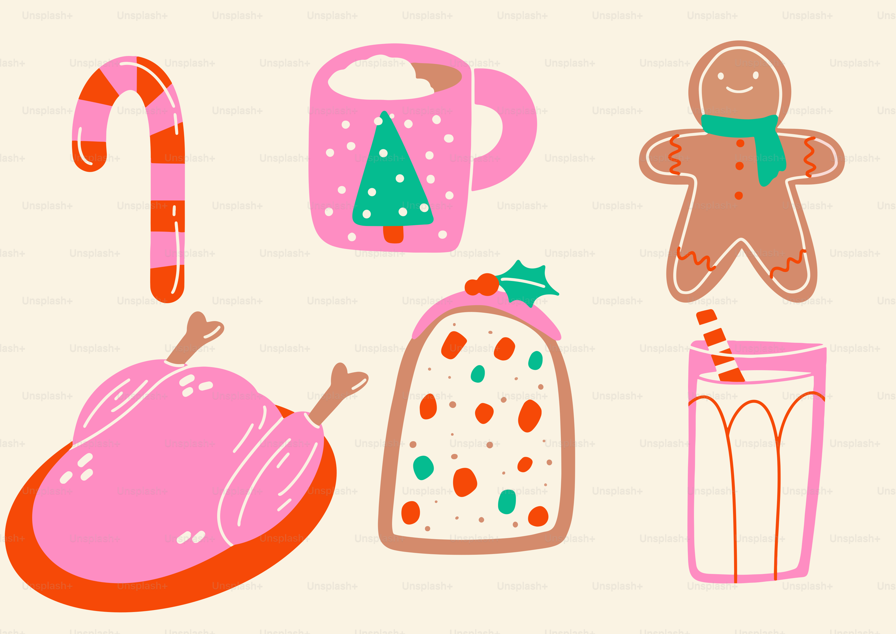 Vektor Camilan Natal termasuk kalkun, roti jahe, dan permen tebu ...