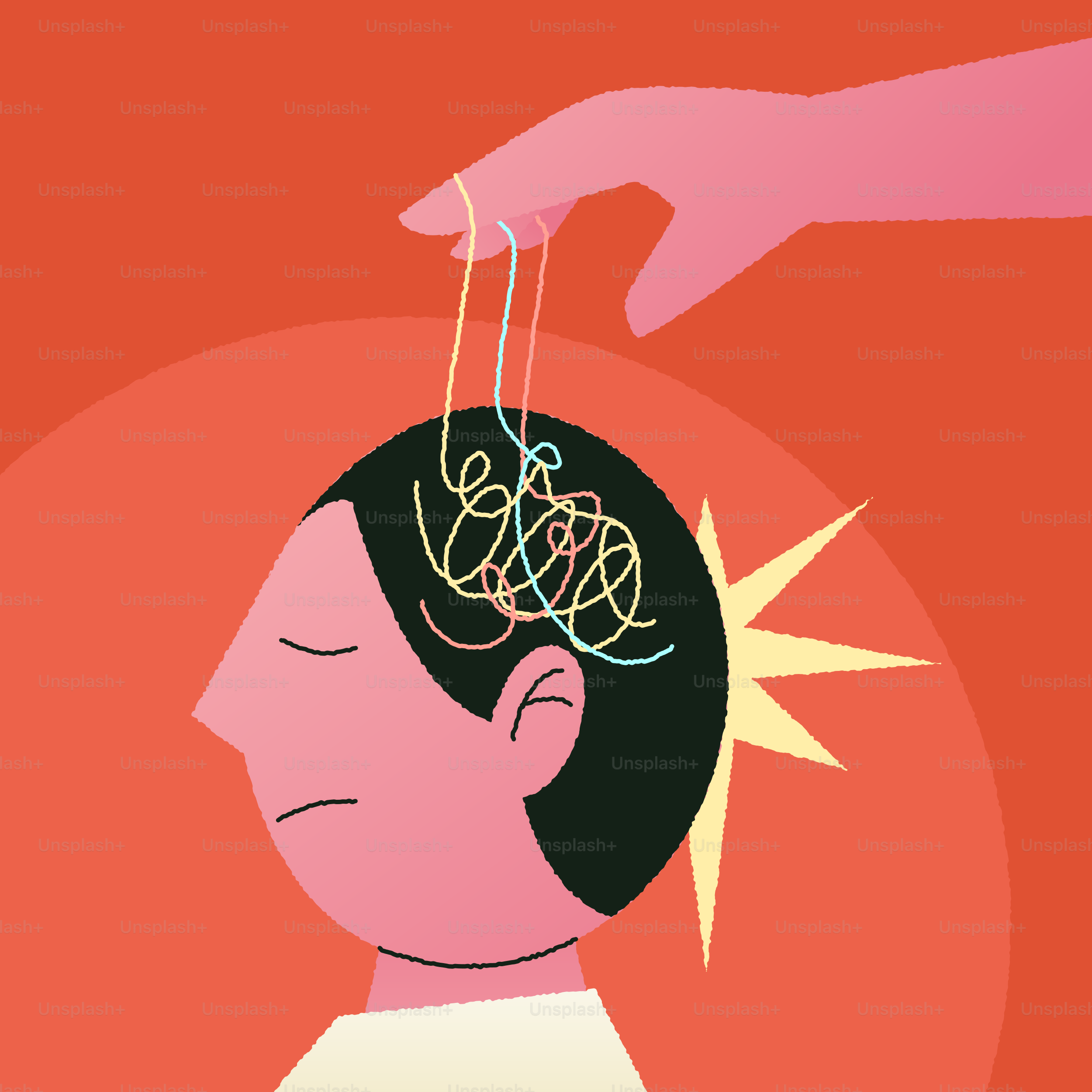 Hand manipulating tangled strings in person's head vector ...