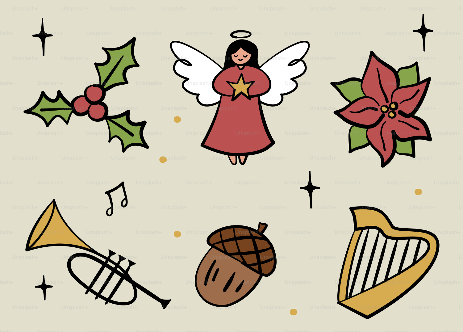 Vektor Malaikat Natal, holly, poinsettia, terompet, biji ek, dan harpa ...
