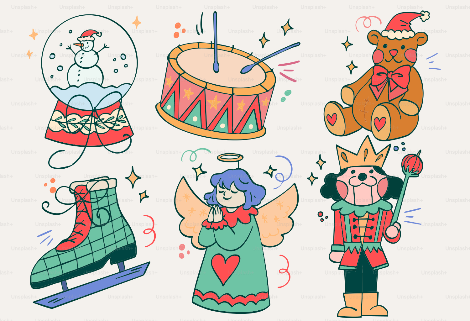 Christmas toys including a snow globe and teddy bear. vector ...