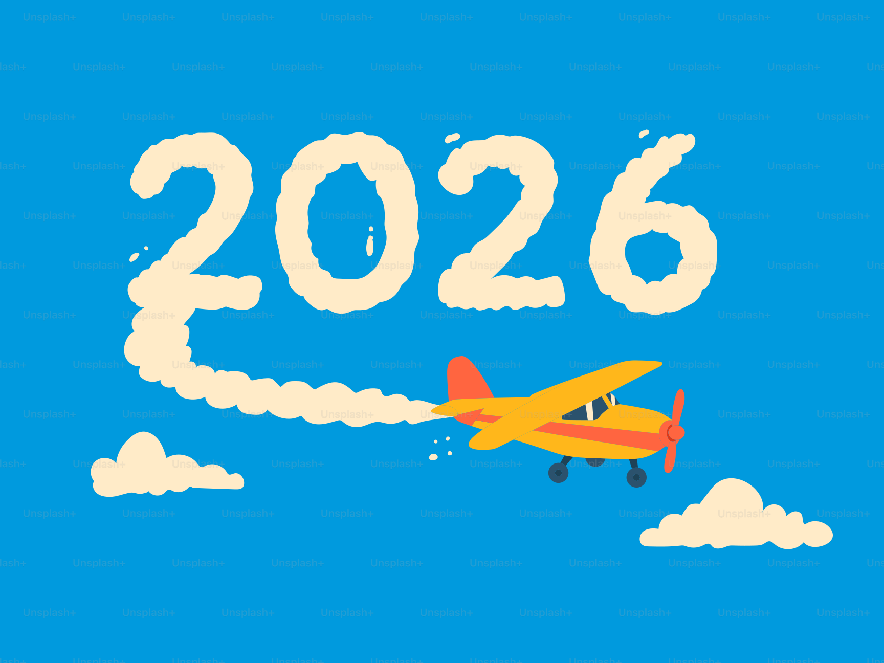 Aereo giallo che vola con il testo della nuvola 2026 vettoriale ...