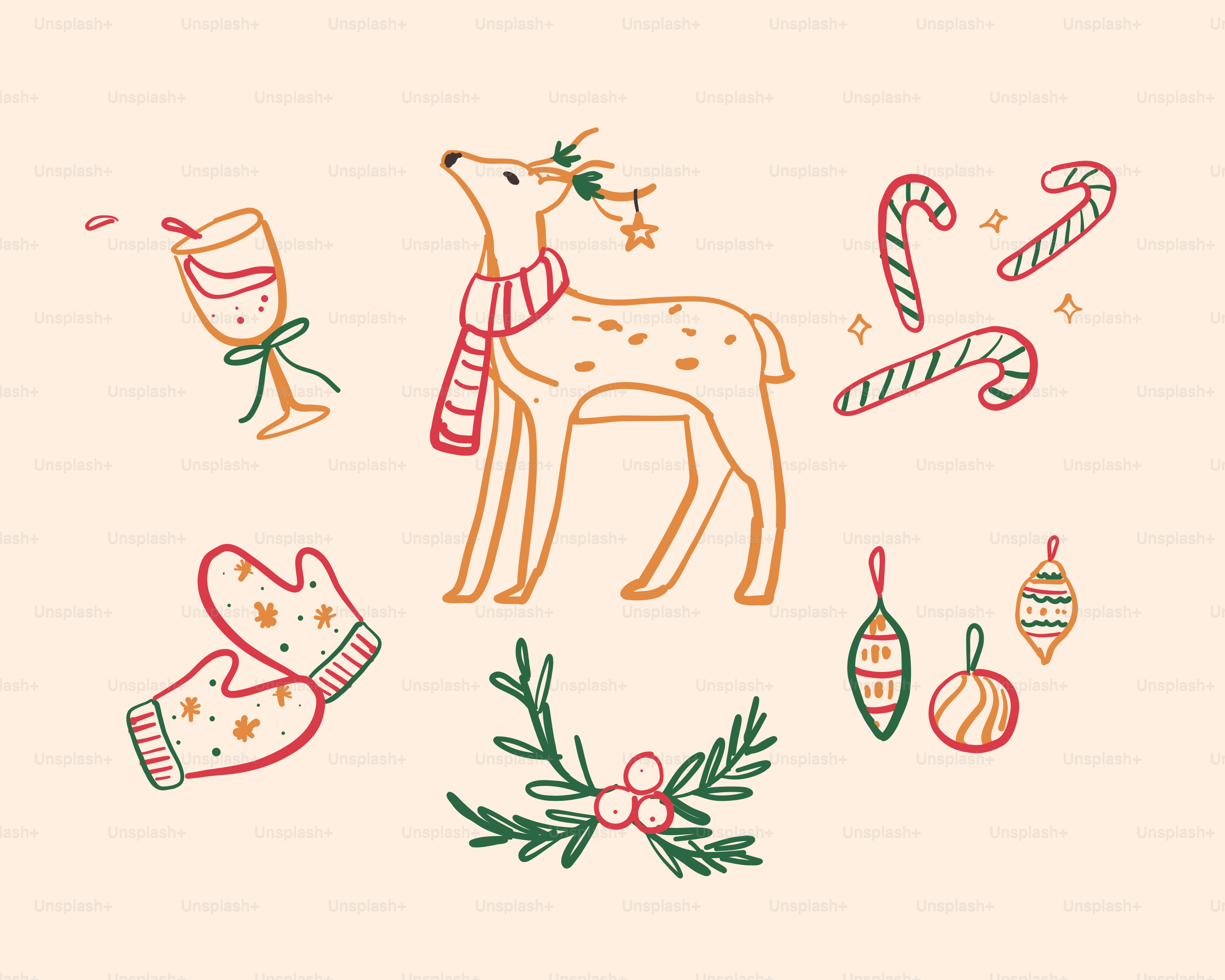 Vektor Ilustrasi Natal dengan rusa, permen, dan ornamen – Gambar Natal ...