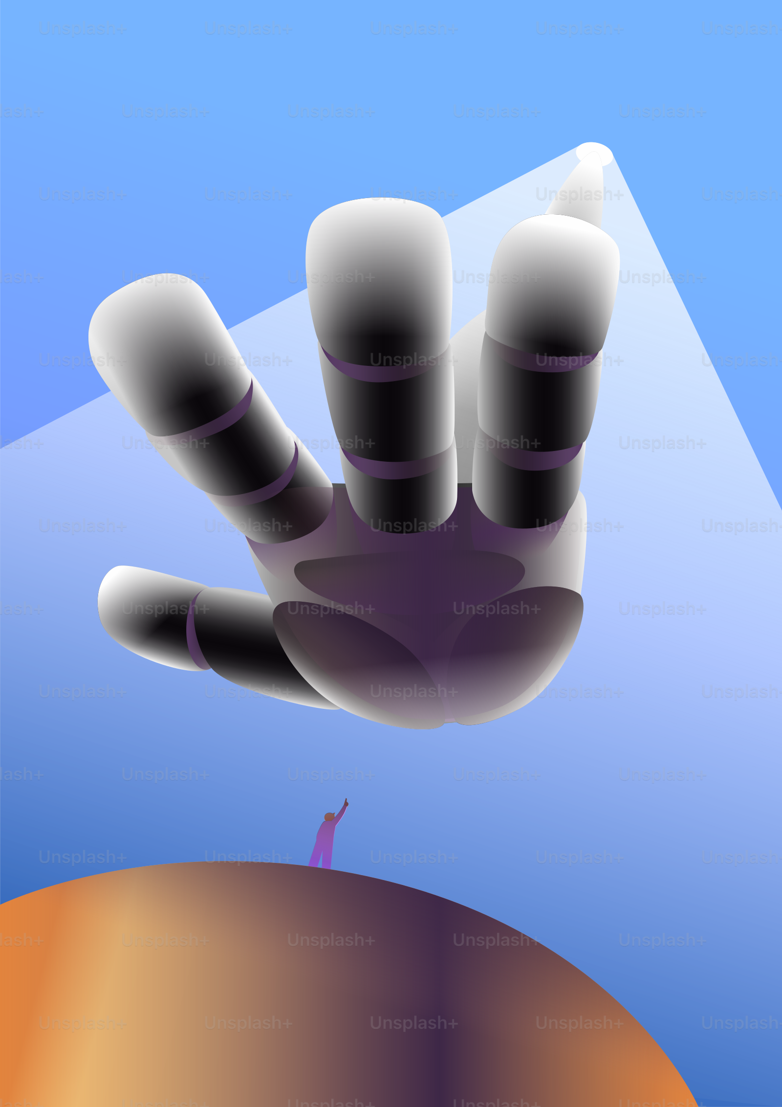 Giant robotic hand reaches for tiny person on hill. vector – Technology ...