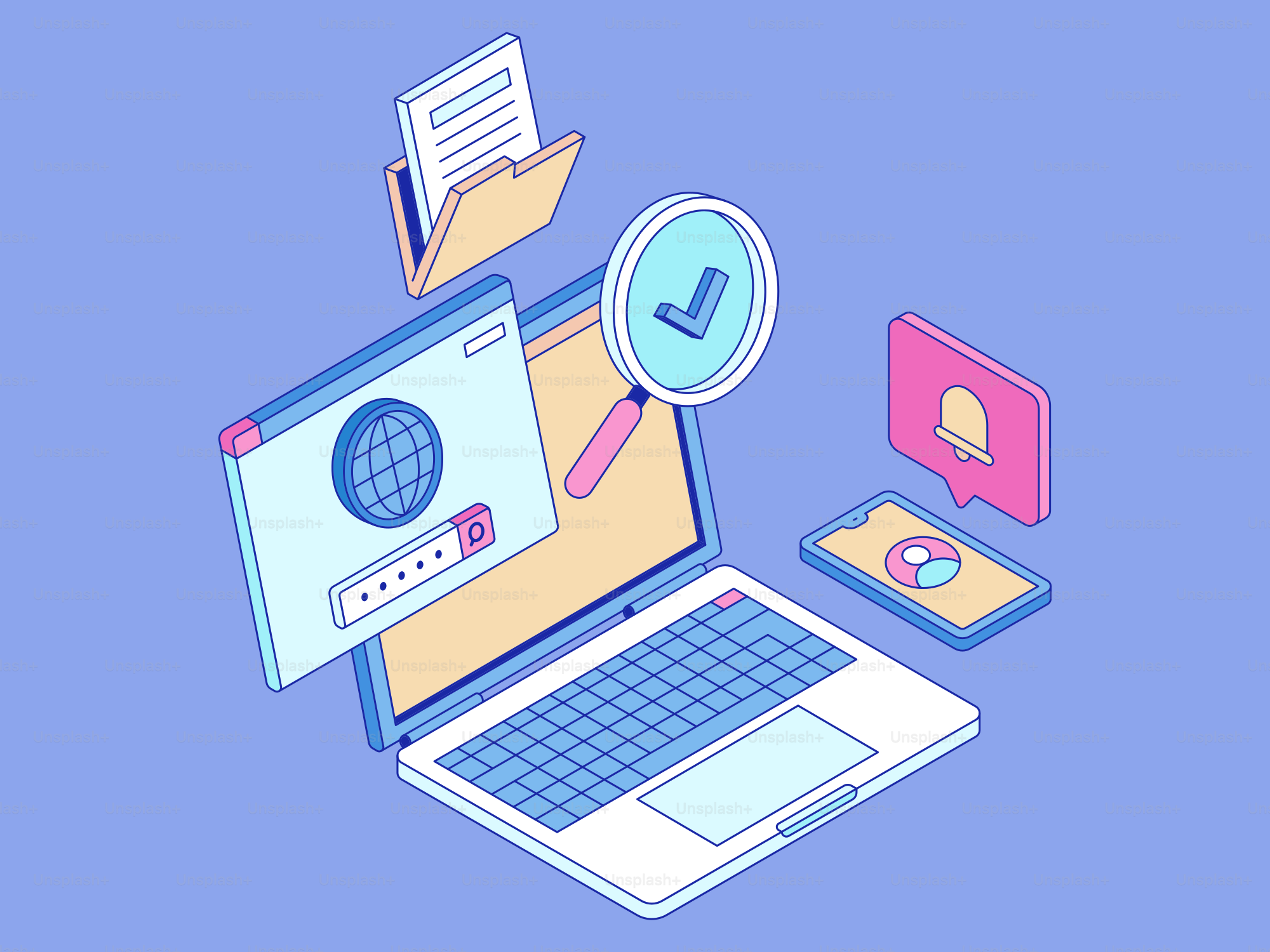 Laptop with browser, phone, and magnifying glass. vector – Technology ...