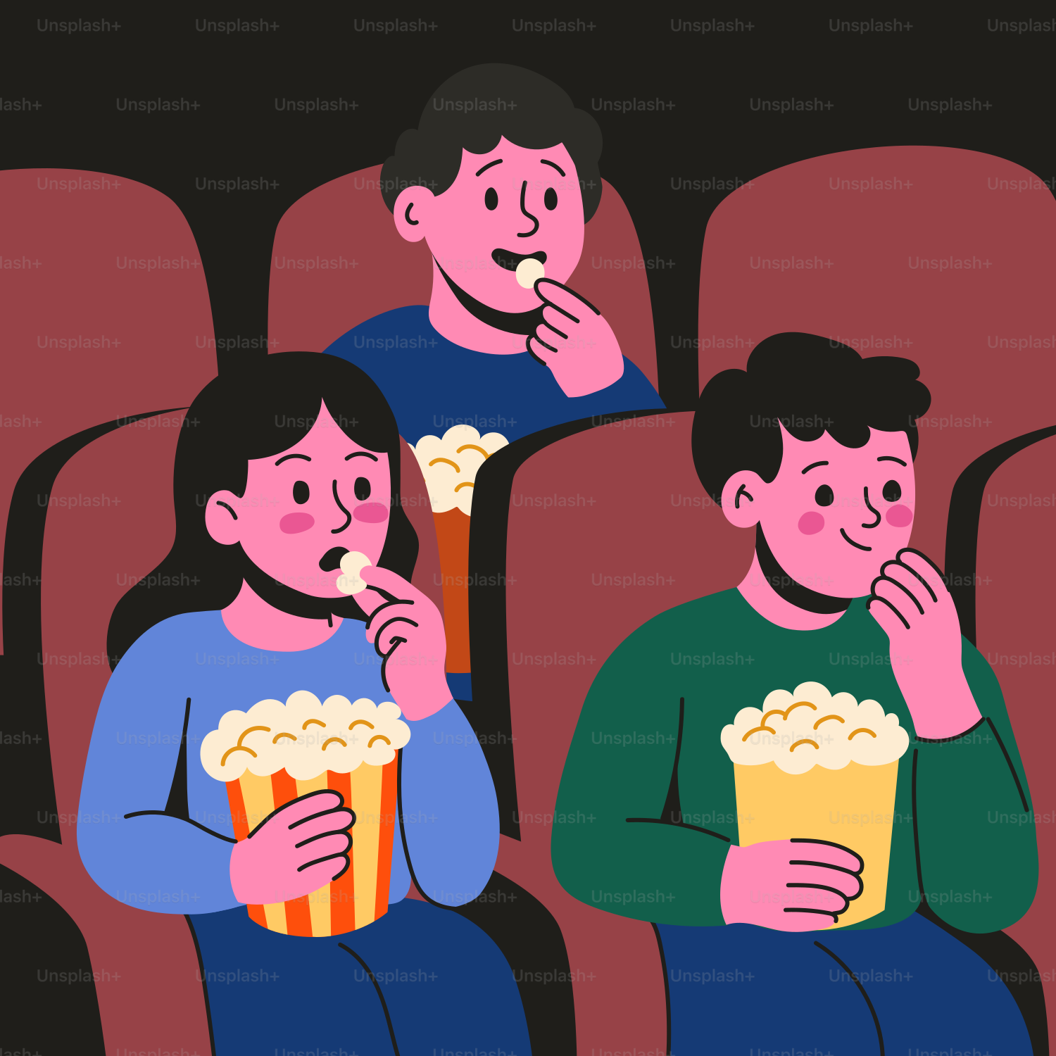 People eating popcorn in a movie theater. vector – Illustration Image ...