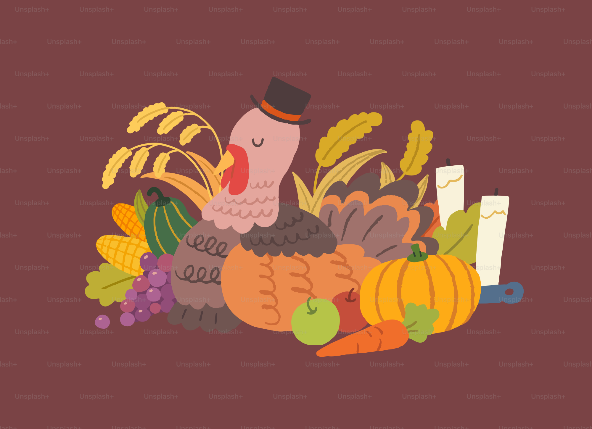 Thanksgiving turkey with pumpkins and grapes vector – Thanksgiving ...